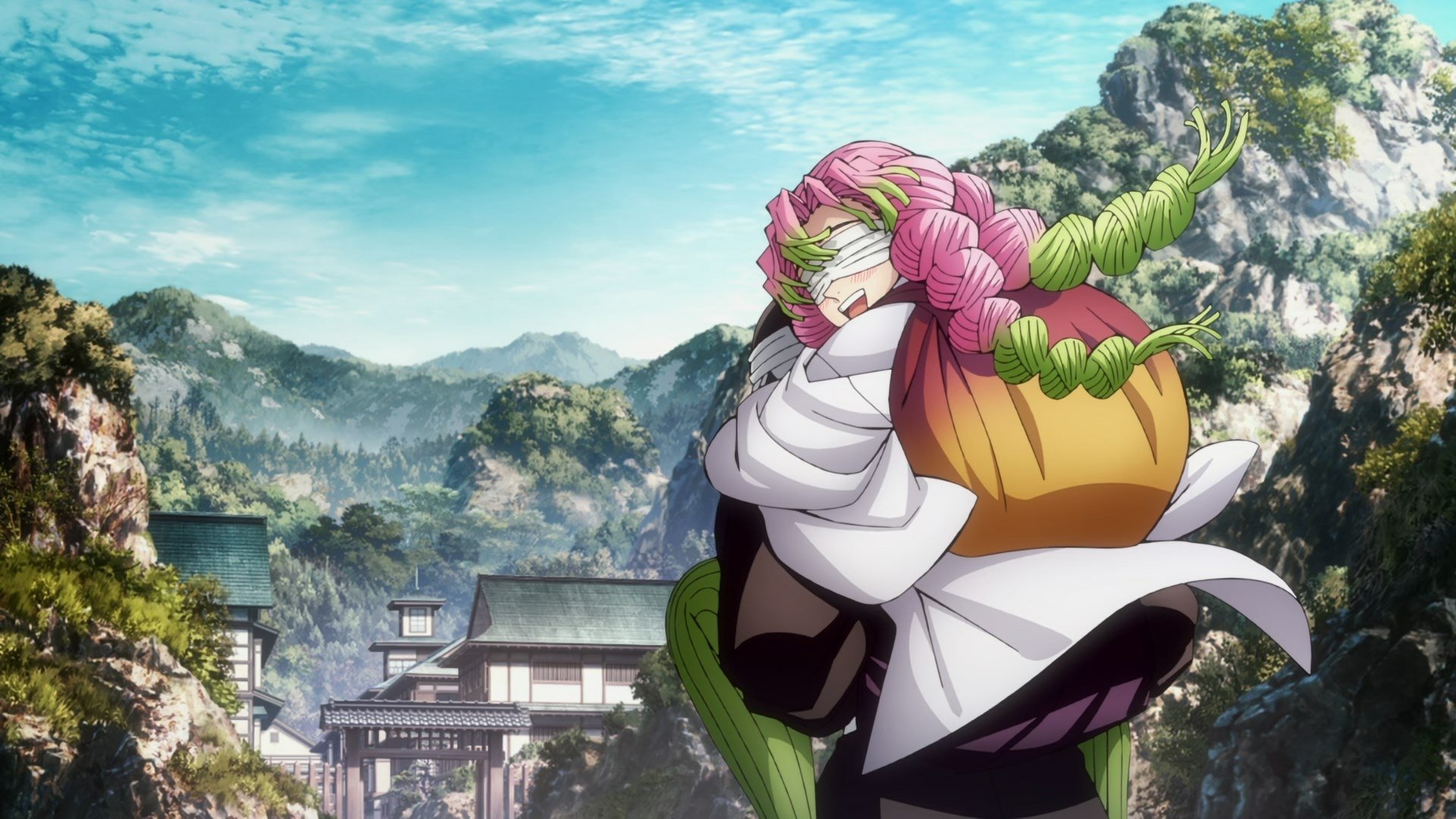 Demon Slayer HD Wallpaper: Mitsuri Kanroji in Serene Mountain Village