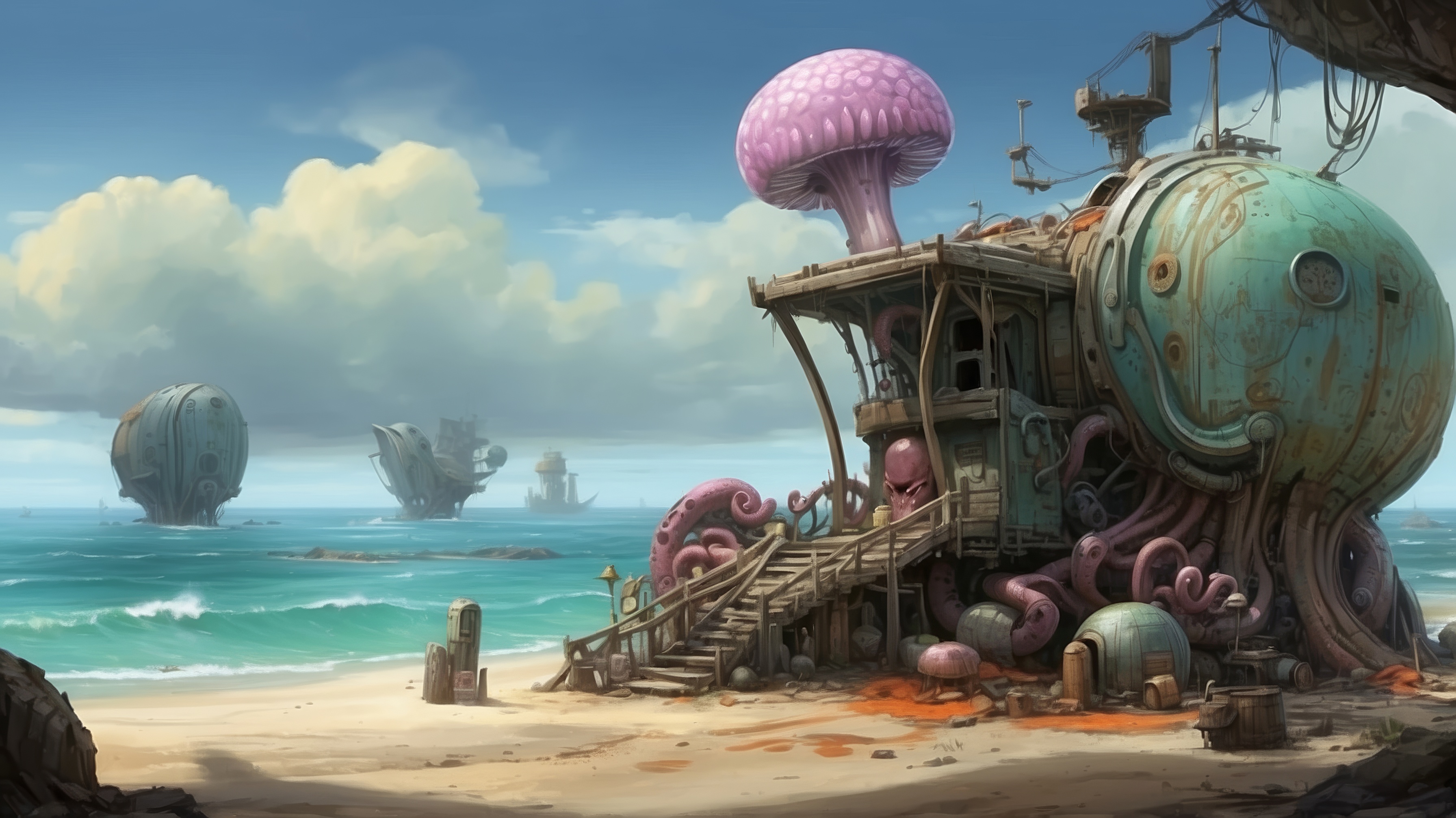 Fantasy Beach House with Mushroom and Octopus - HD Wallpaper by ...
