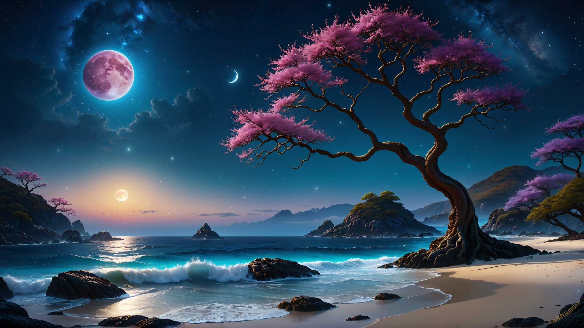 Moonlit Serenity: 4K Ultra HD Tree by the Night Seashore by Yashamon