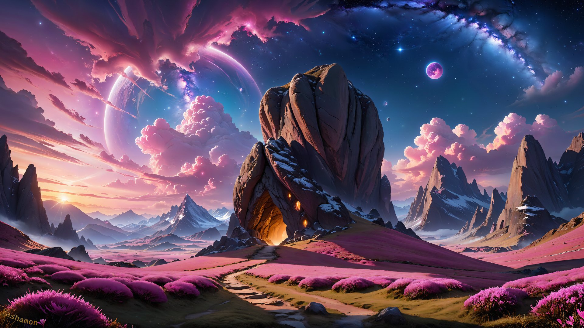 4K Ultra HD Artistic Cave Landscape Beneath a Cosmic Sky by Yashamon