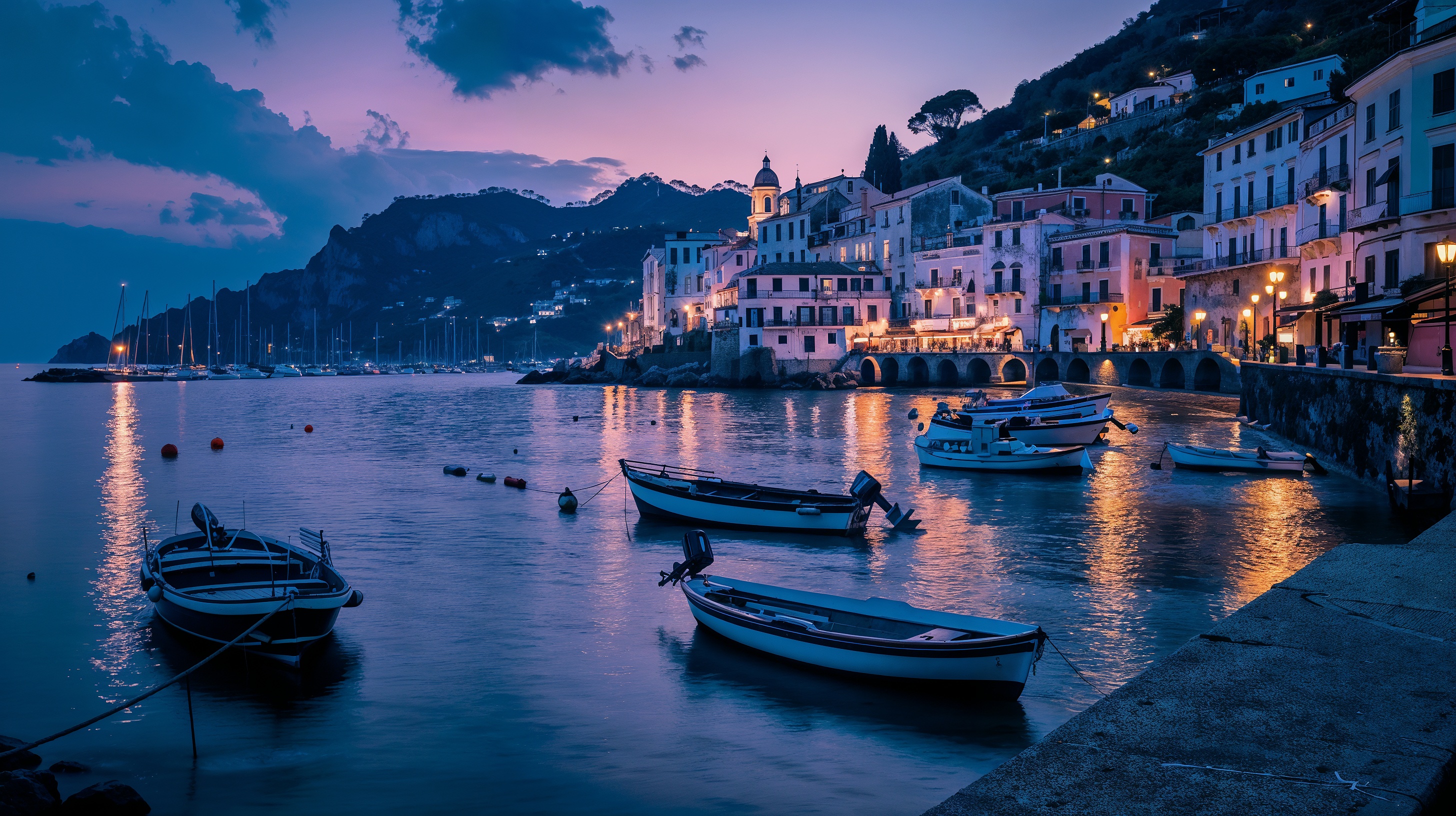 Dusk Serenity: Seaside Town and Boats in Stunning HD Wallpaper by ...