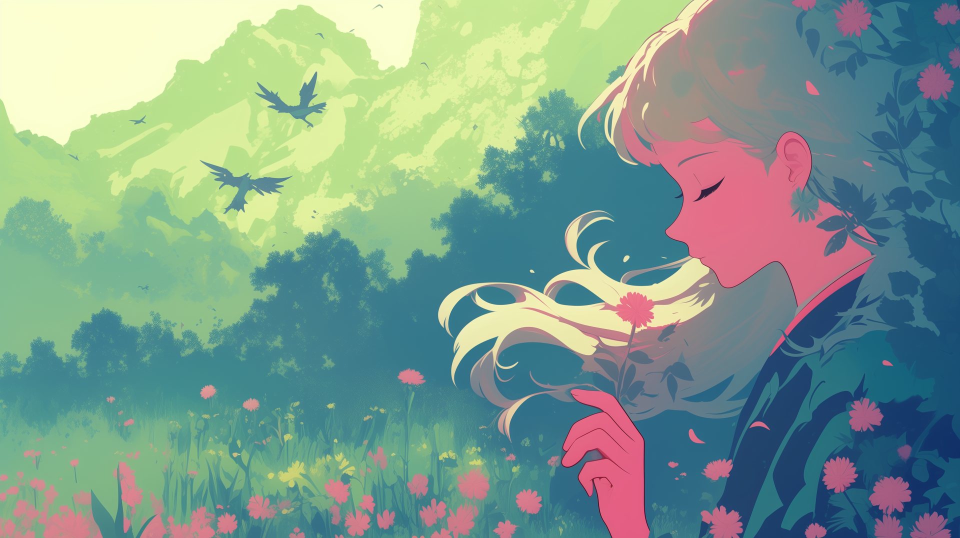 2K Quad HD Blossom: Anime Girl in Flower Meadow — AI Art Wallpaper ...