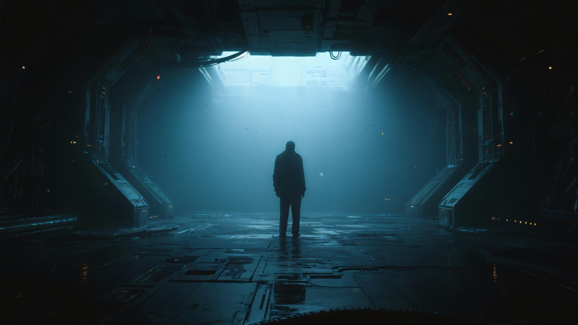 Alone in the Neon Hangar — 4K Ultra HD Wallpaper by QuantumCurator