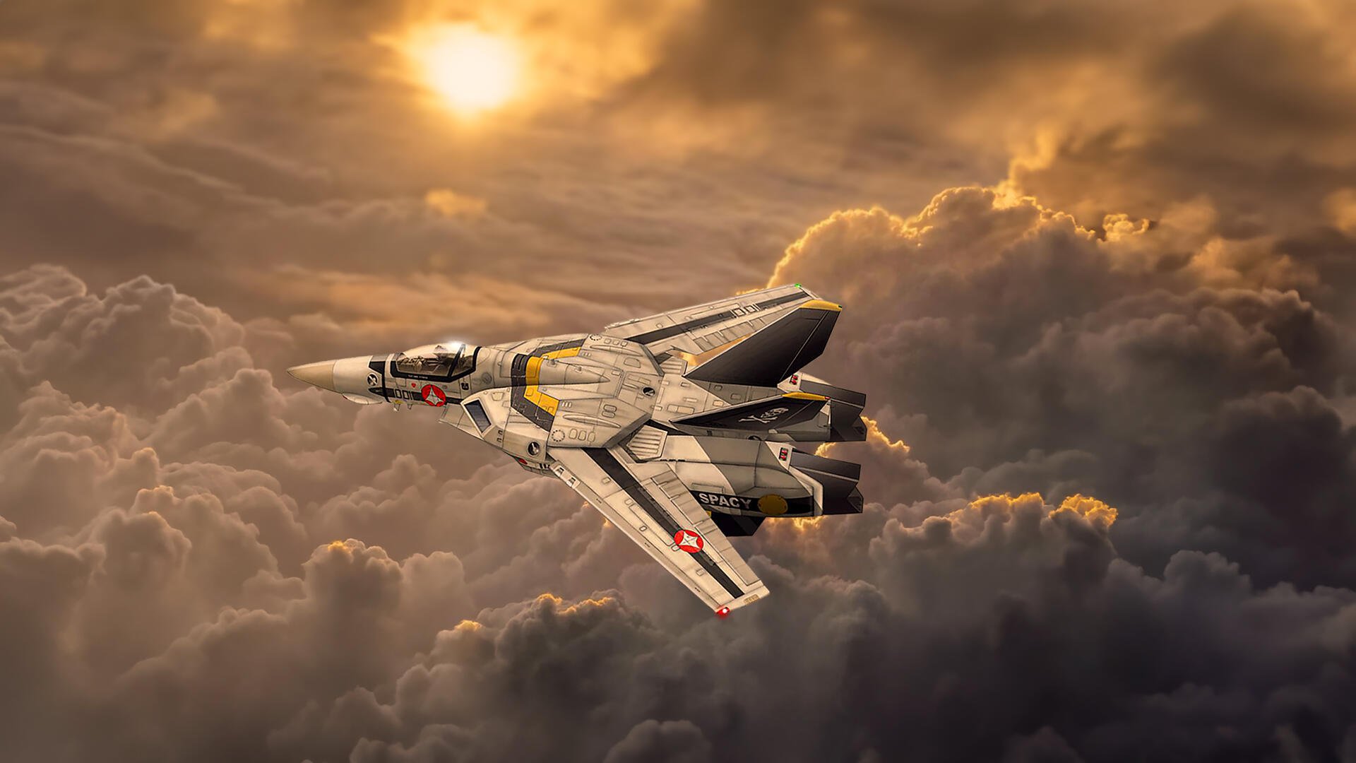 Macross Skies — 8K Robotech Valkyrie Over Golden Clouds by Rodrigo Barraza