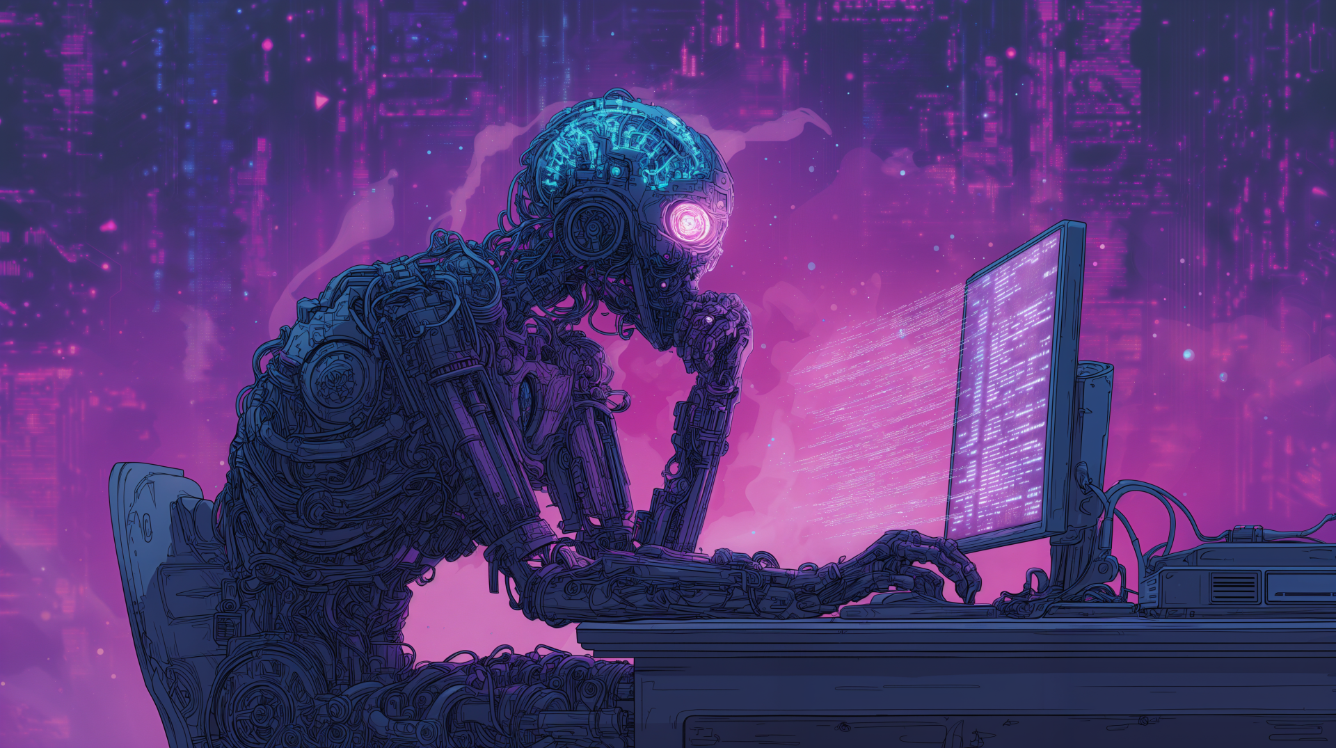 Neon Neural Coder — 4K AI Programmer Wallpaper by robokoboto