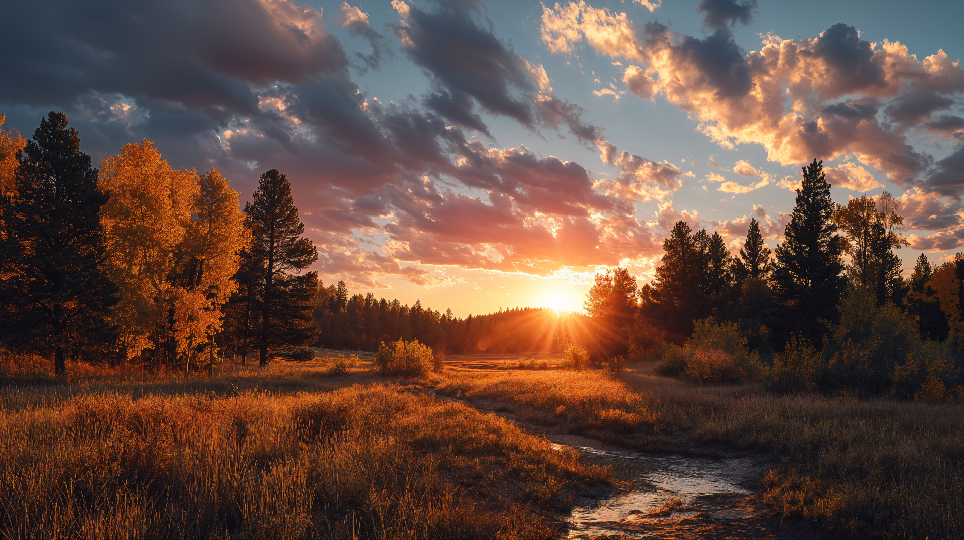 Download Fall Sunset Meadow Stream Forest 4k Ultra HD Wallpaper by ...