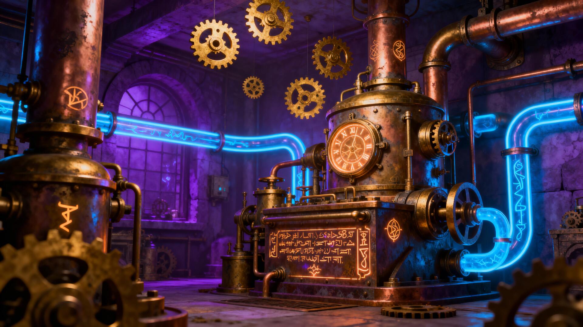 Steampunk Arcane Engine Room — 4K Ultra HD Wallpaper by robokoboto