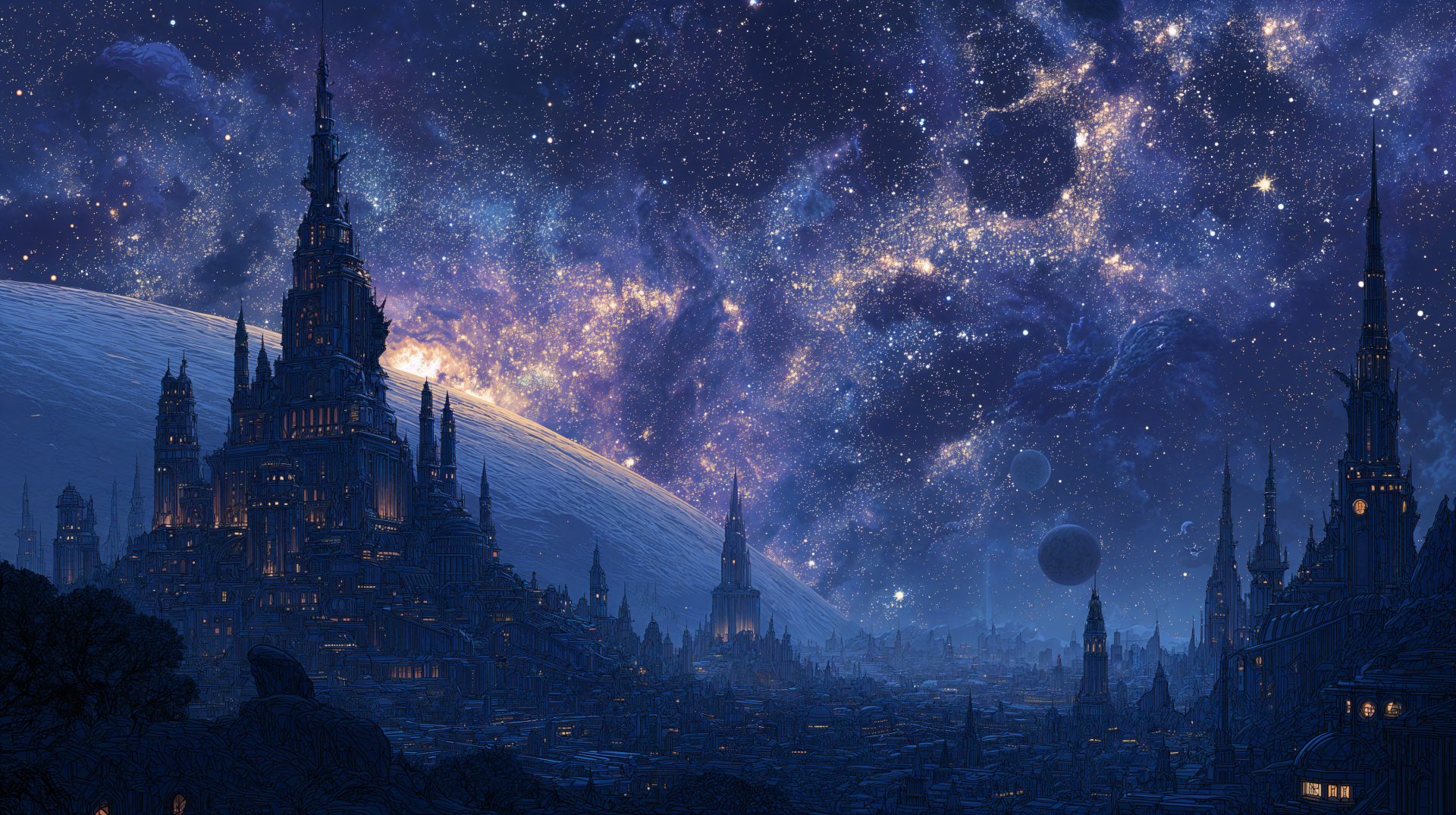 Download Space Fantasy Castle Night Sky Galaxy Planet 4k Ultra HD ...