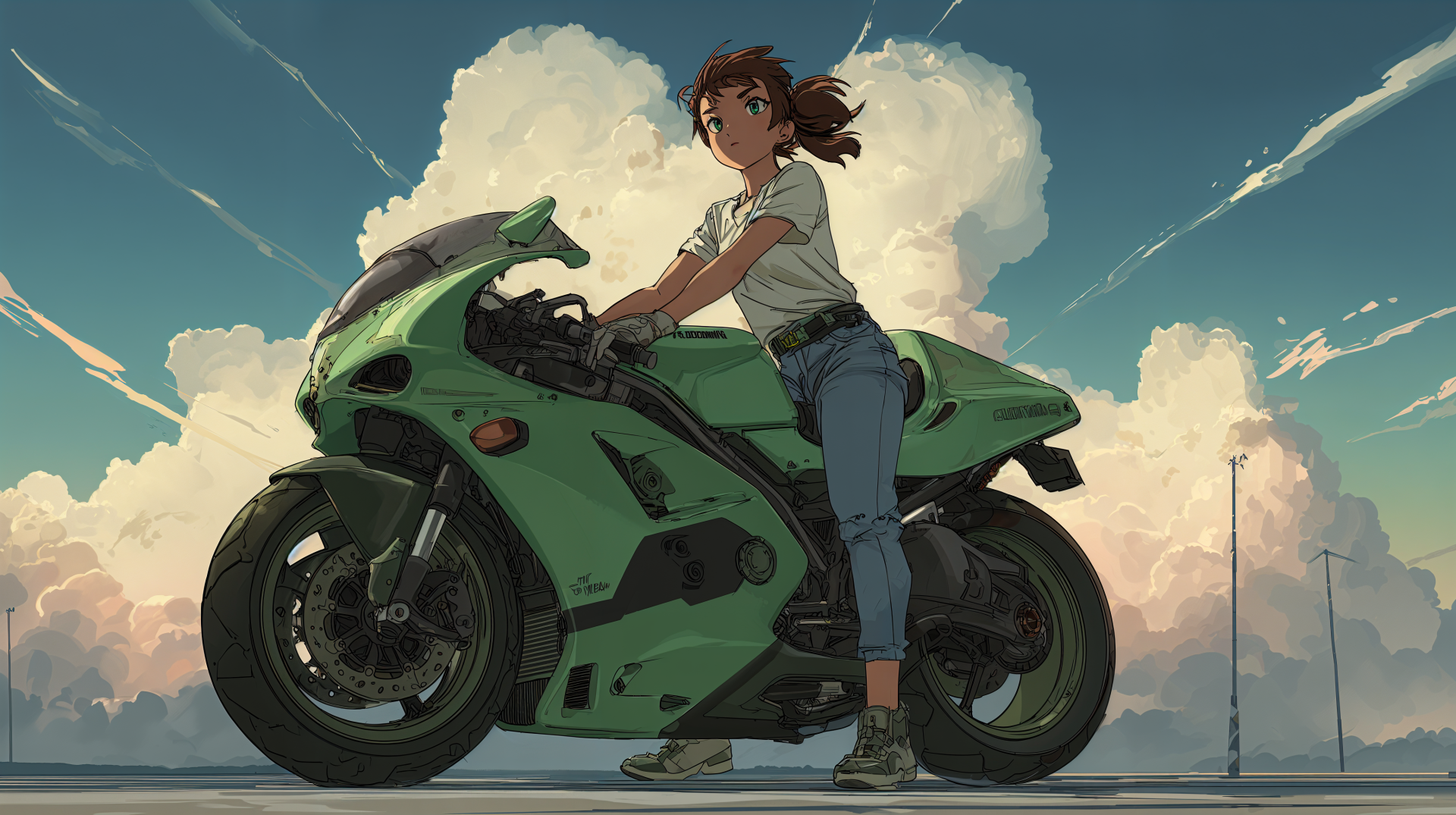 Emerald Ride — 4K Anime Girl Motorcycle Wallpaper by robokoboto