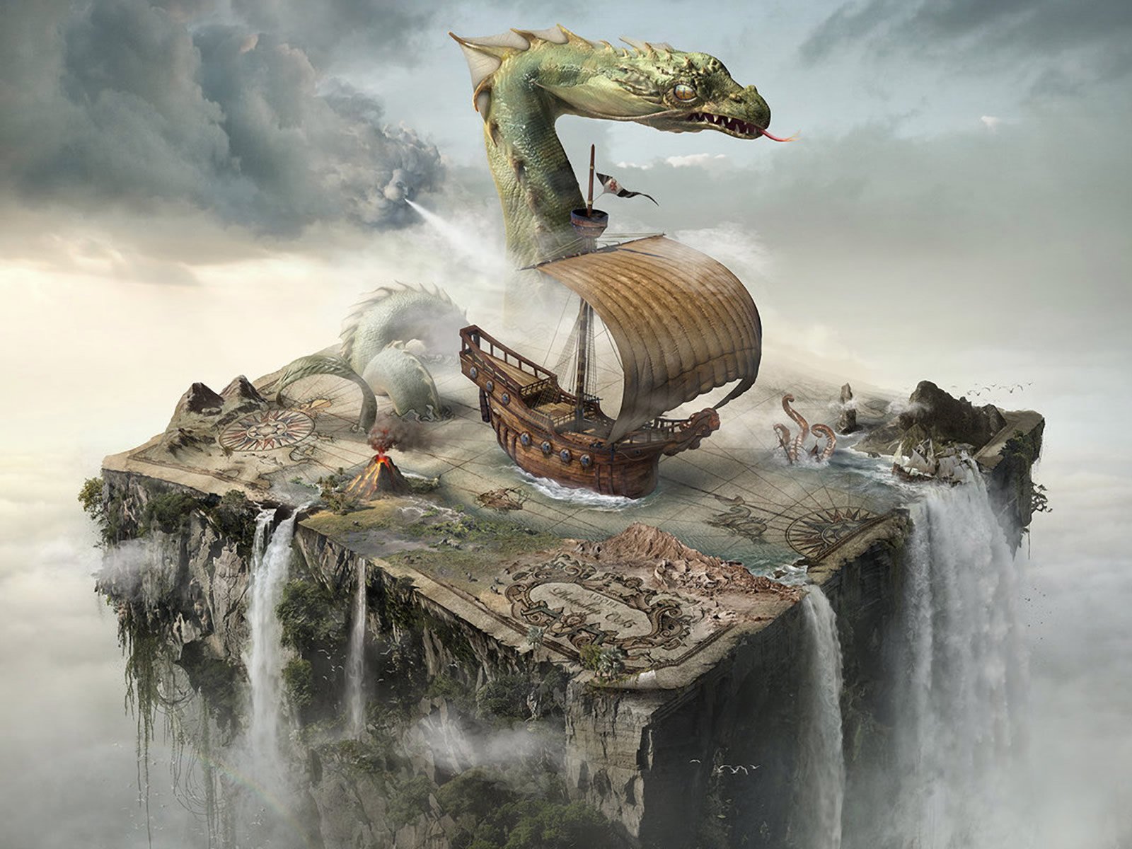 Epic Fantasy Voyage: Dragon and Skyship in HD | 1600x1200 | Wallpaper Abyss