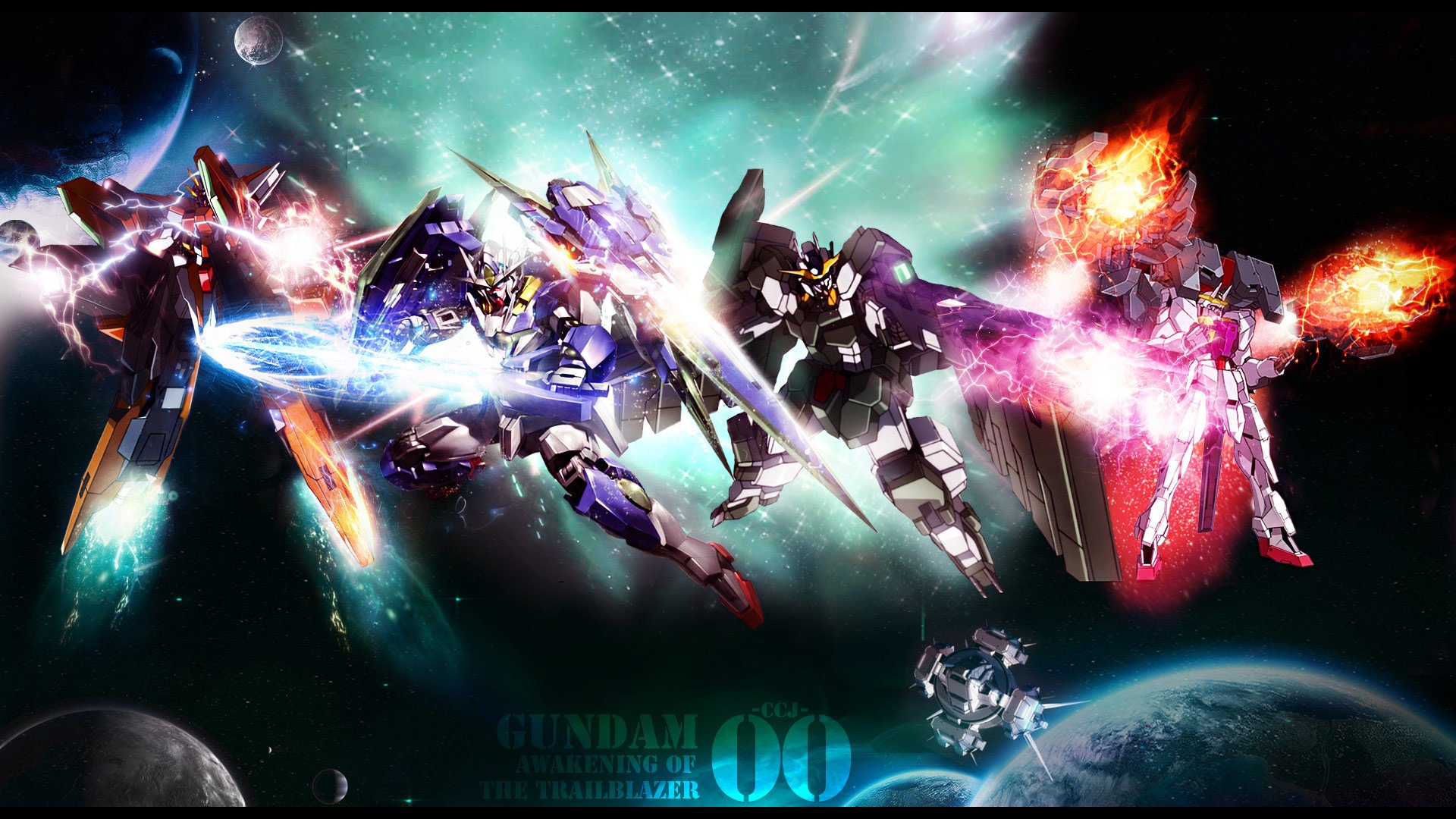 Gundam 00 HD Anime Wallpaper – Dynamic Mobile Suit Action in Space