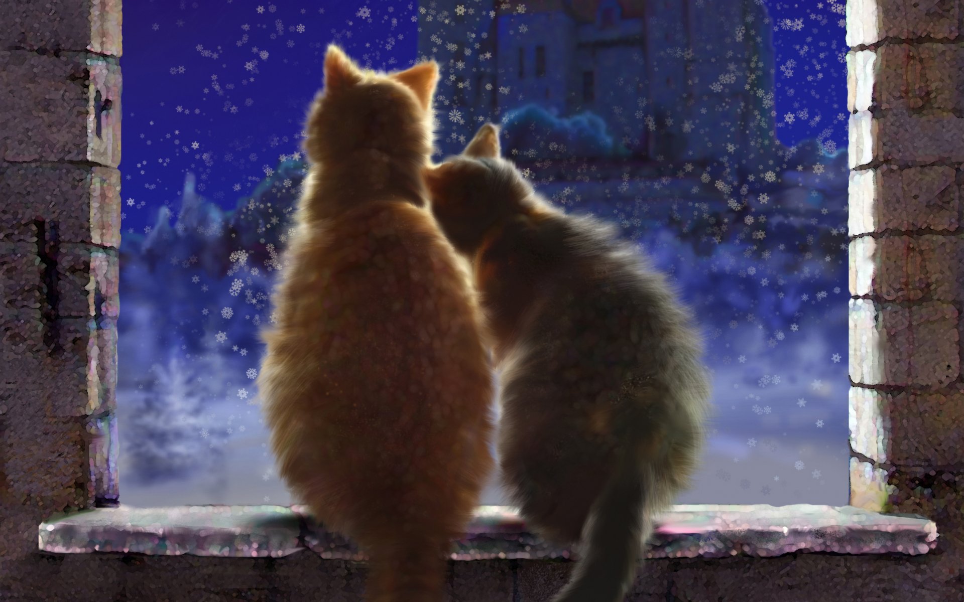 Serene Night: Two Cats Gaze Over a Starry Skyline – HD Animal Wallpaper