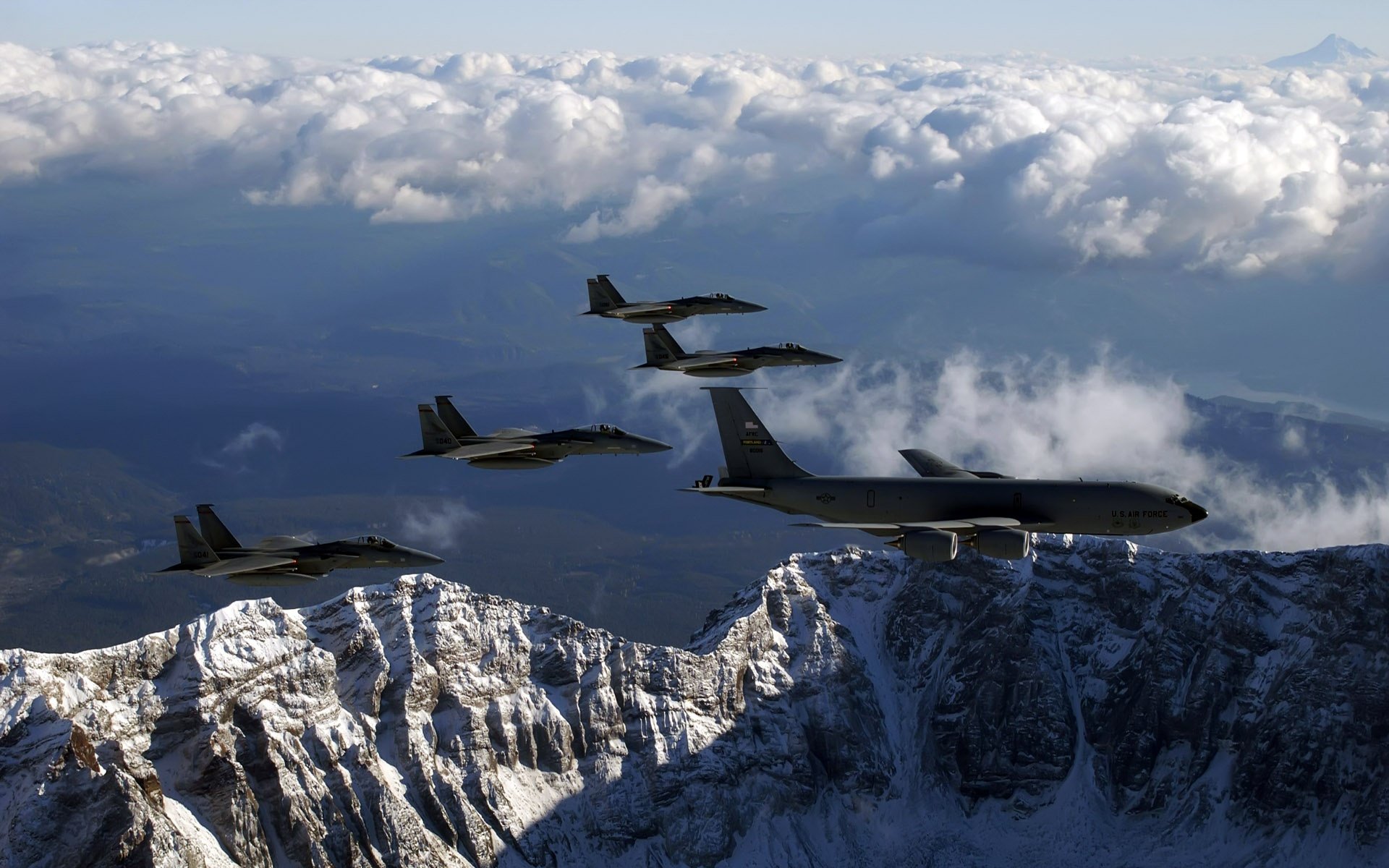 F-15 Eagles Escort KC-135 Stratotanker Over Majestic Mountains – HD ...