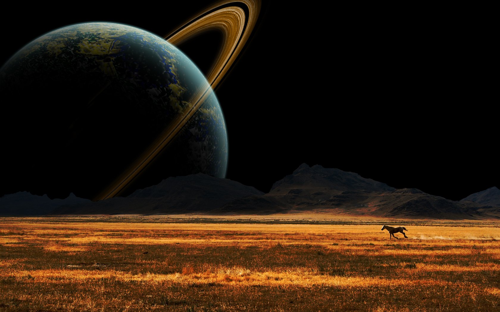 Galactic Stallion: Sci-Fi Horse Racing Across a Ringed Planet Landscape ...