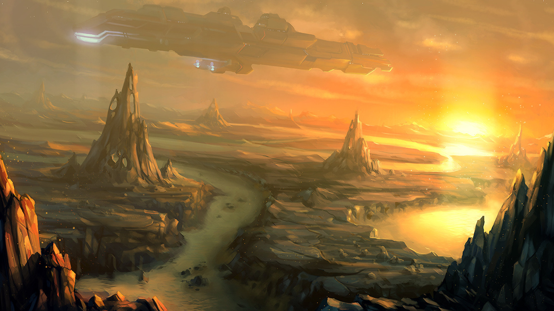 Epic Sci-Fi Spaceship at Sunset - HD Galactic Landscape Wallpaper