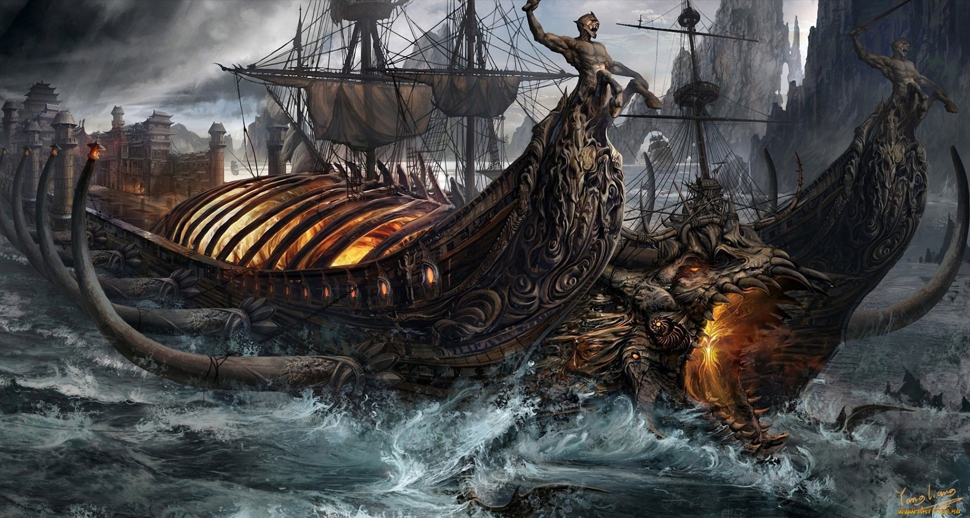 Epic Fantasy Voyage: Legendary Ship HD Wallpaper by liang yang