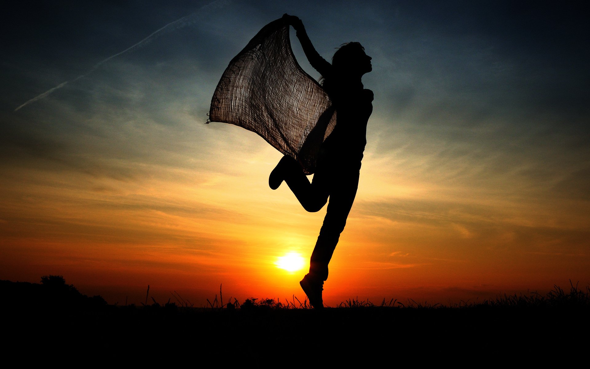 Sunset Silhouette — Joyful Leap HD Wallpaper