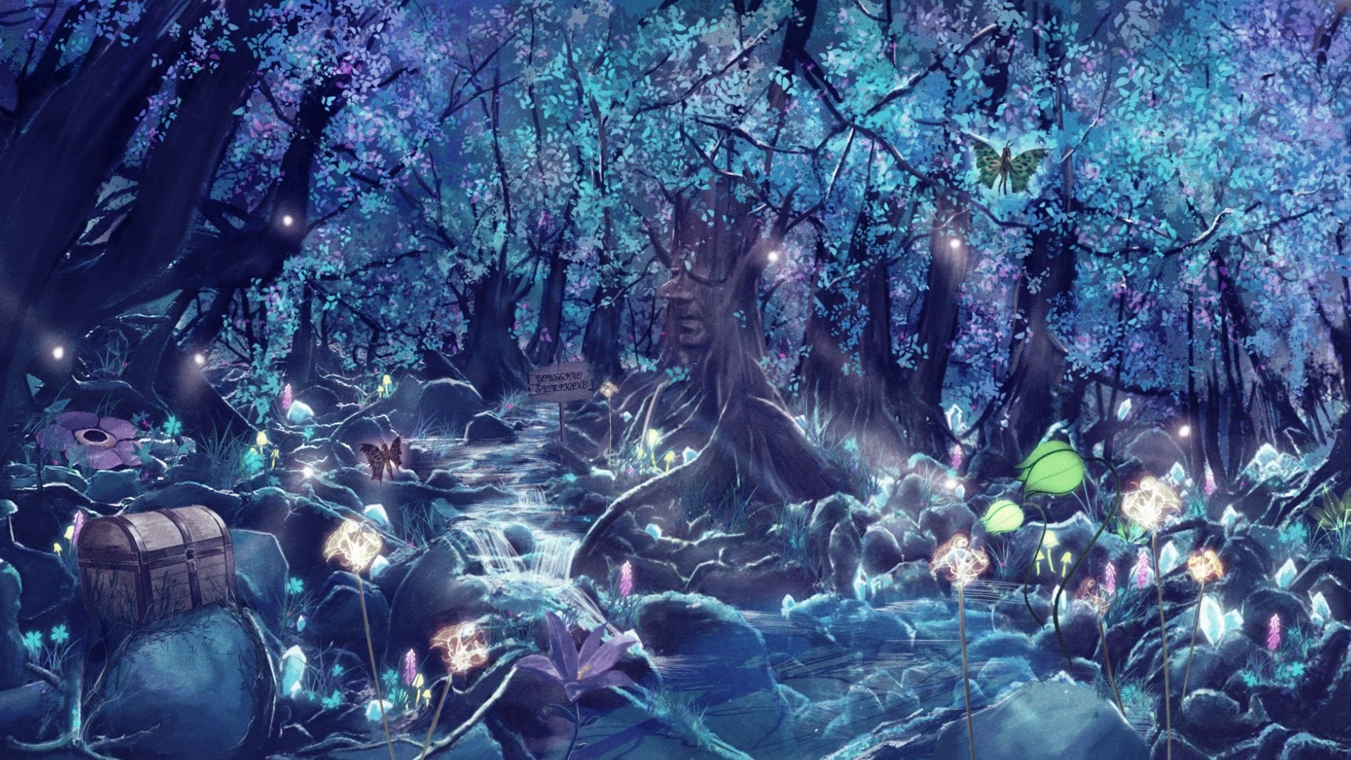 Enchanted Blue Forest: Fantasy Butterflies and Blossoms HD Wallpaper