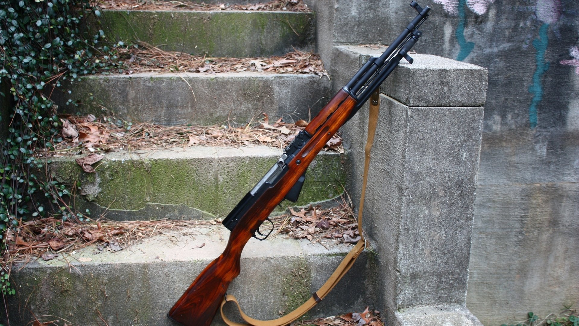 Classic SKS Rifle on Weathered Stone Steps - HD Man-Made Weapon Wallpaper