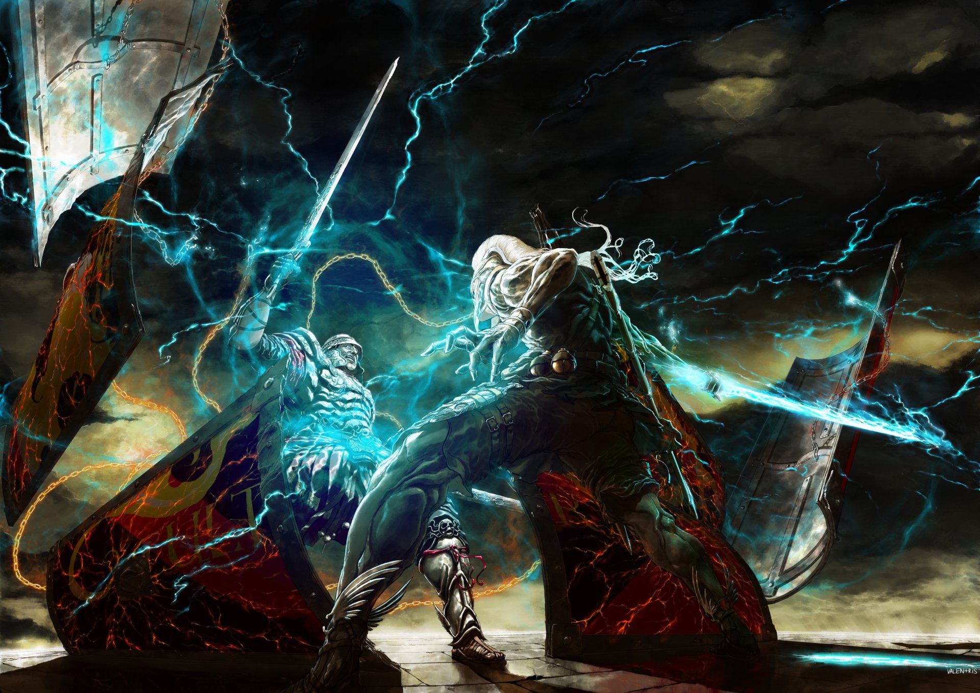 Epic Fantasy Battle: HD Wallpaper of Lightning, Swords, and Shields by ...