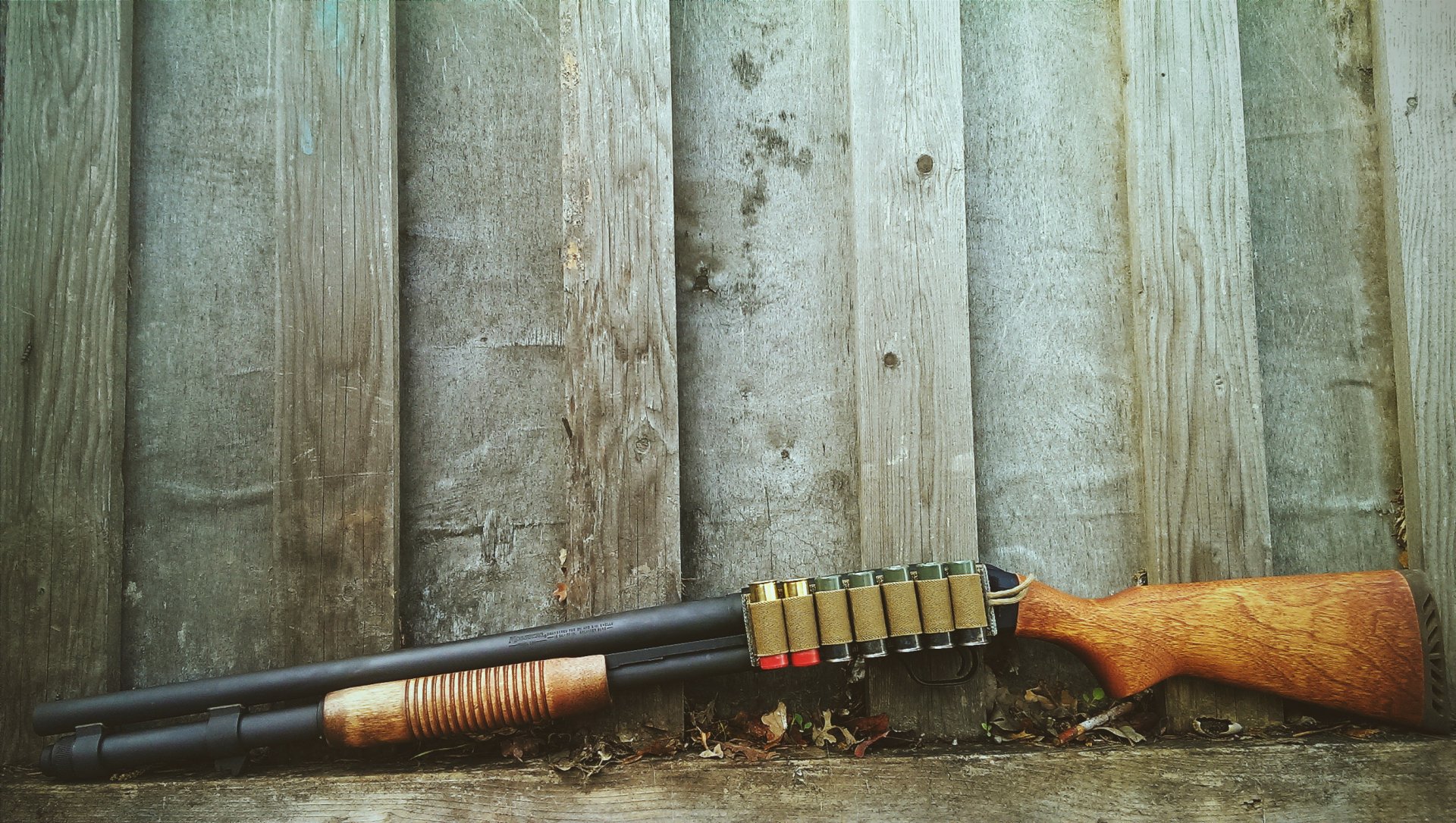 HD Wallpaper: Classic Man-Made Shotgun Against Rustic Wood