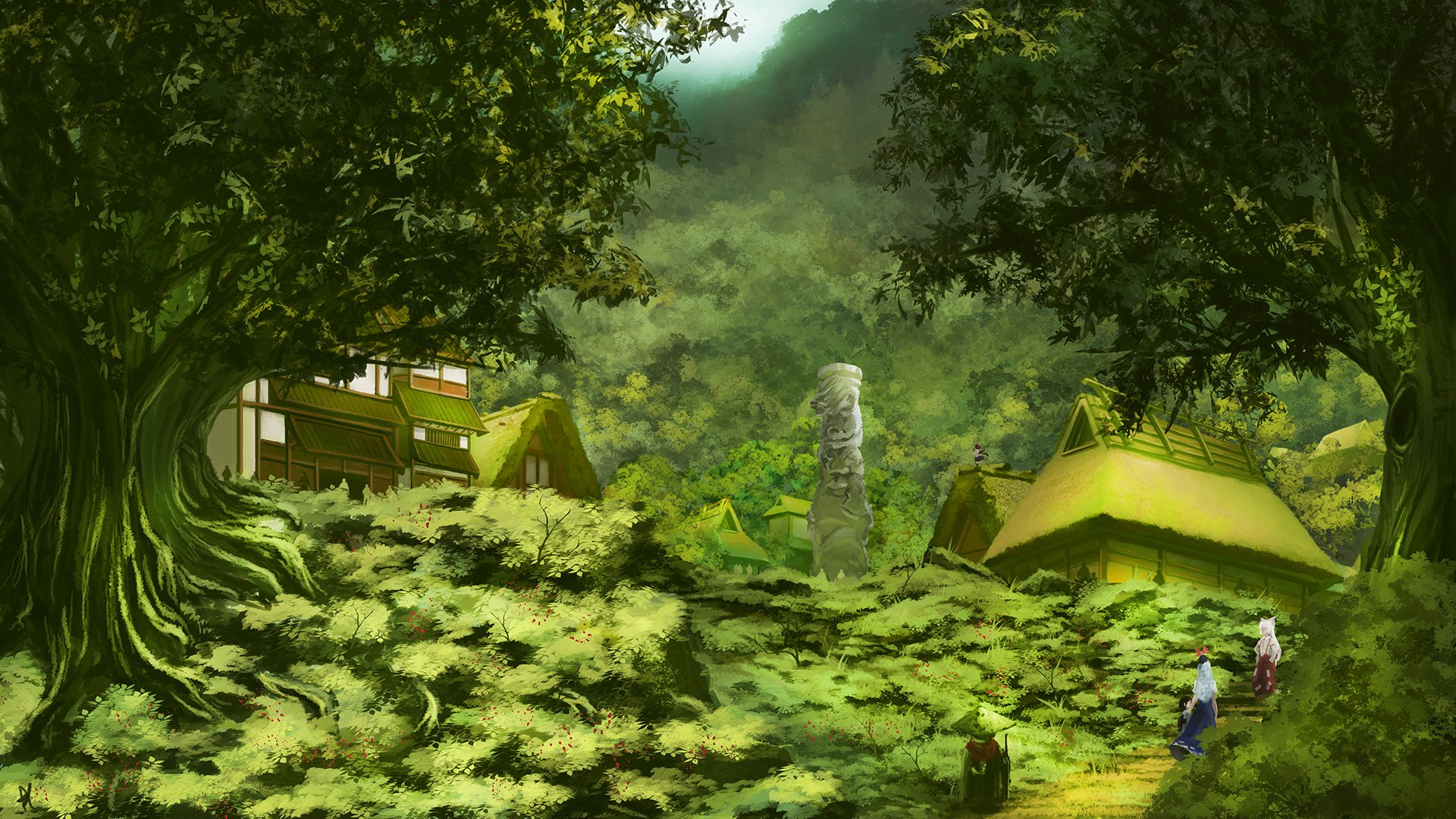 Enchanting Touhou Scene: Fujiwara no Mokou in Lush HD Anime Wallpaper