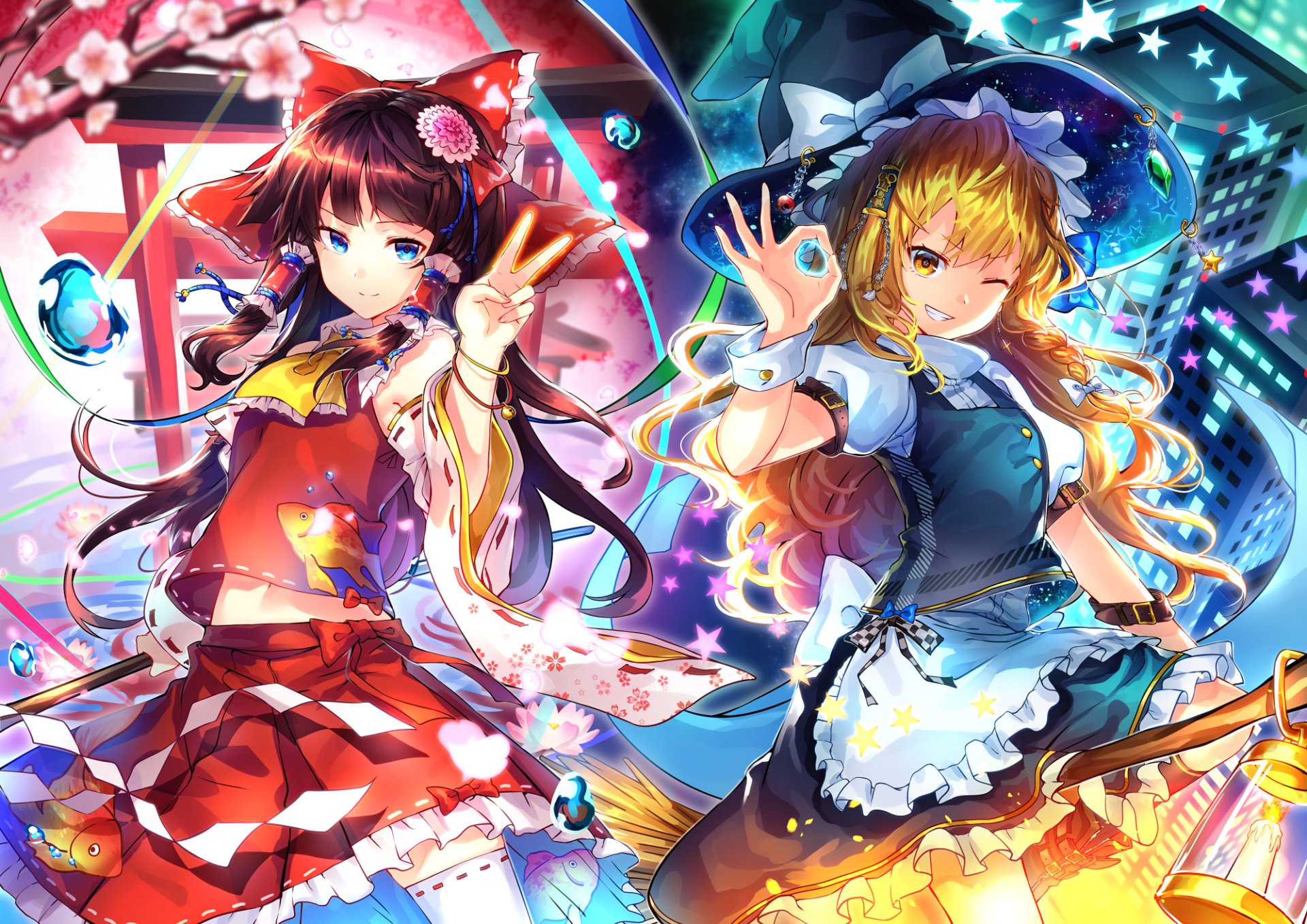 Touhou HD Wallpaper: Marisa Kirisame & Reimu Hakurei in Style by 羽々斬