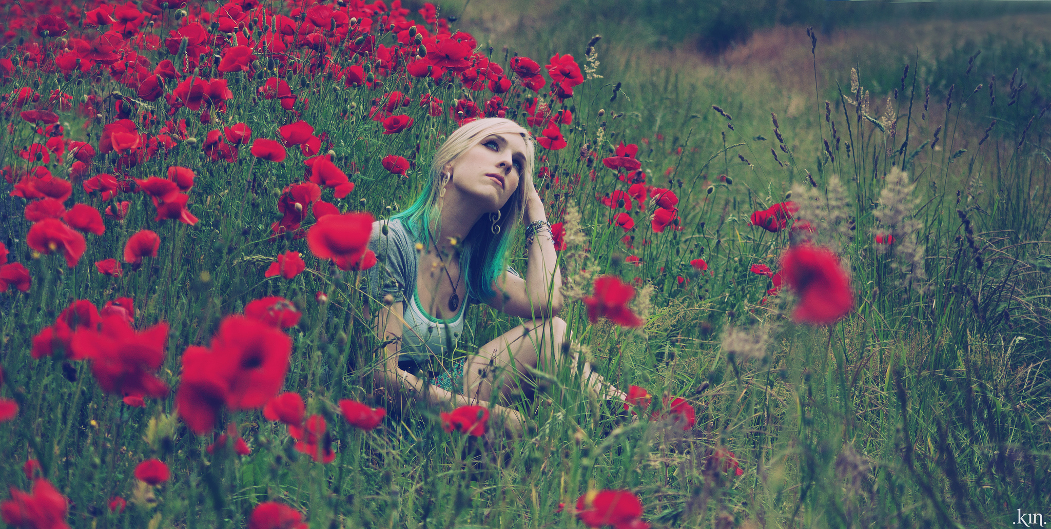 Download Poppy Red Flower Blonde Woman Mood Wallpaper by Kindra Nikole