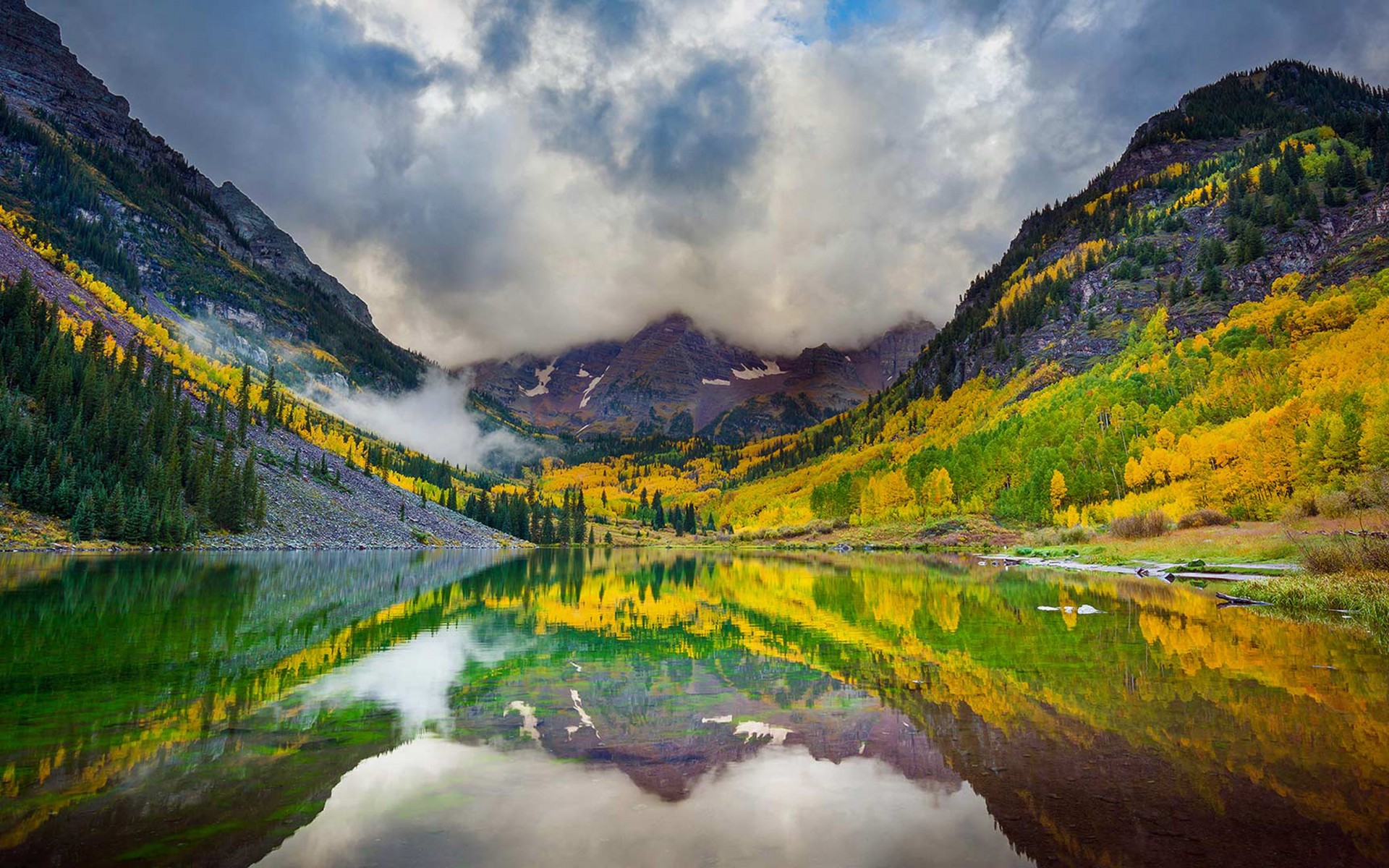 Download Fog Maroon Lake Cloud Forest Tree Lake Mountain Landscape ...