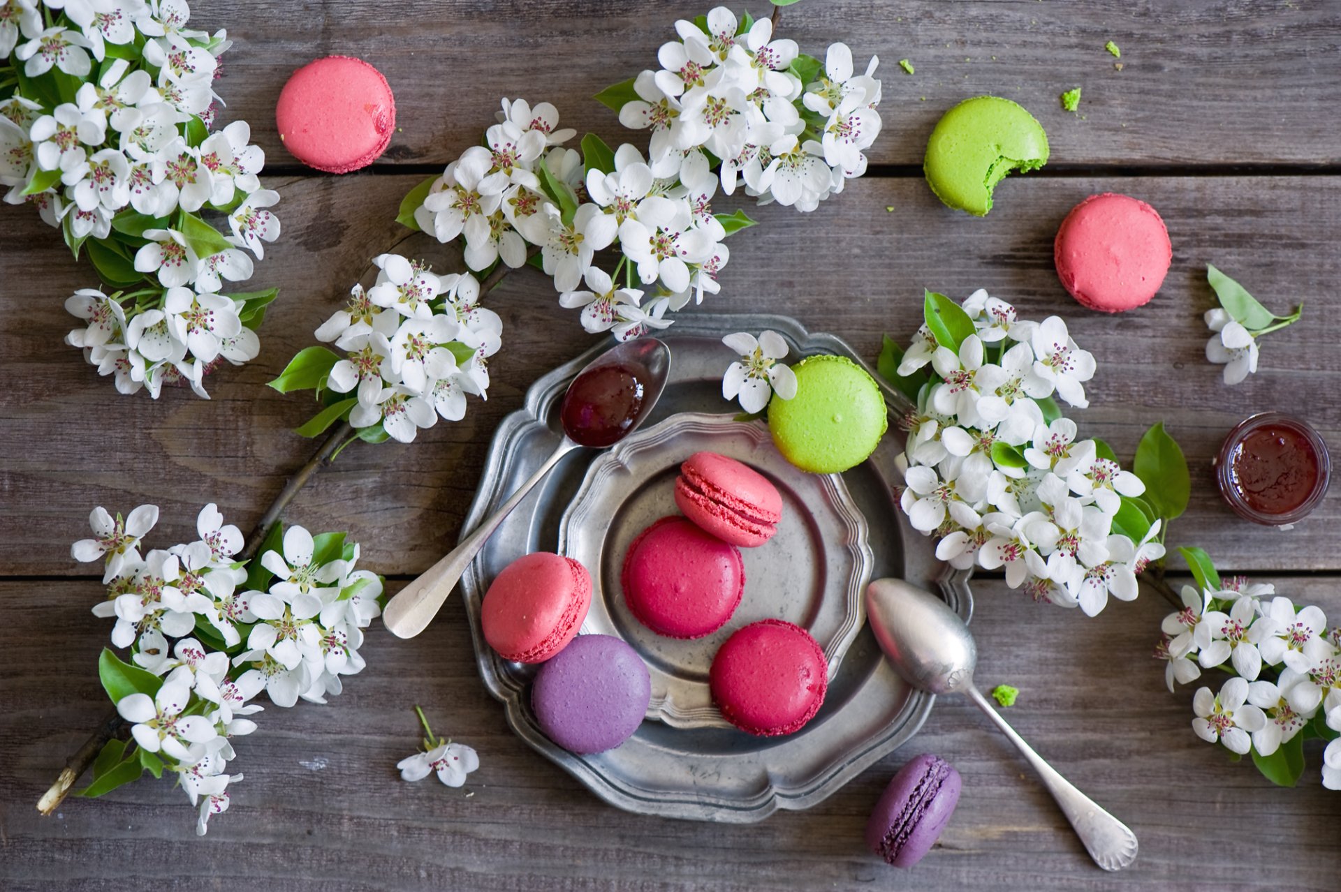 Vibrant Macaron Delight with Blossoms: HD Still Life Wallpaper by Anna ...