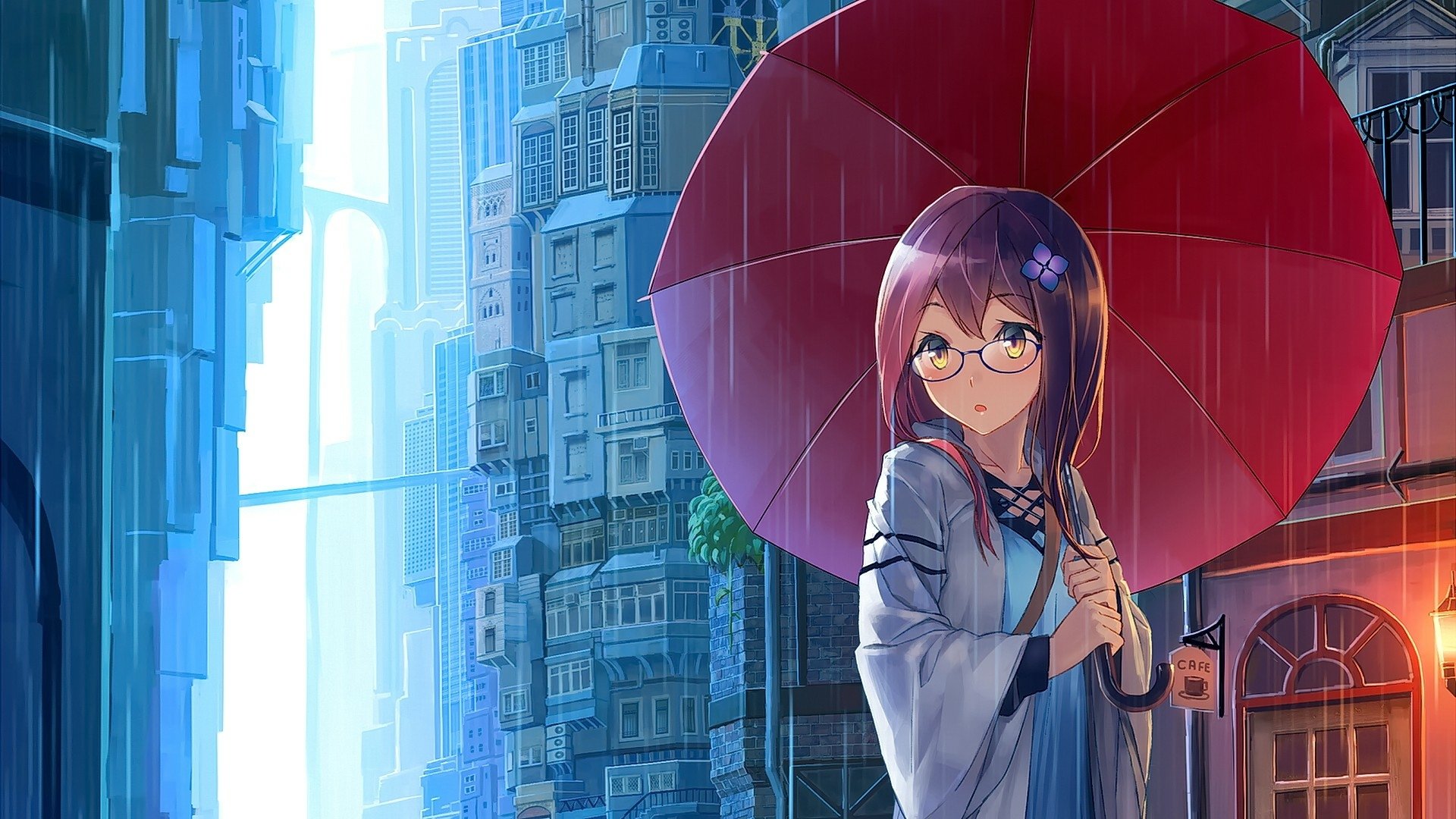 Rainy Day Glow: Anime Girl with Purple Hair and Umbrella in HD