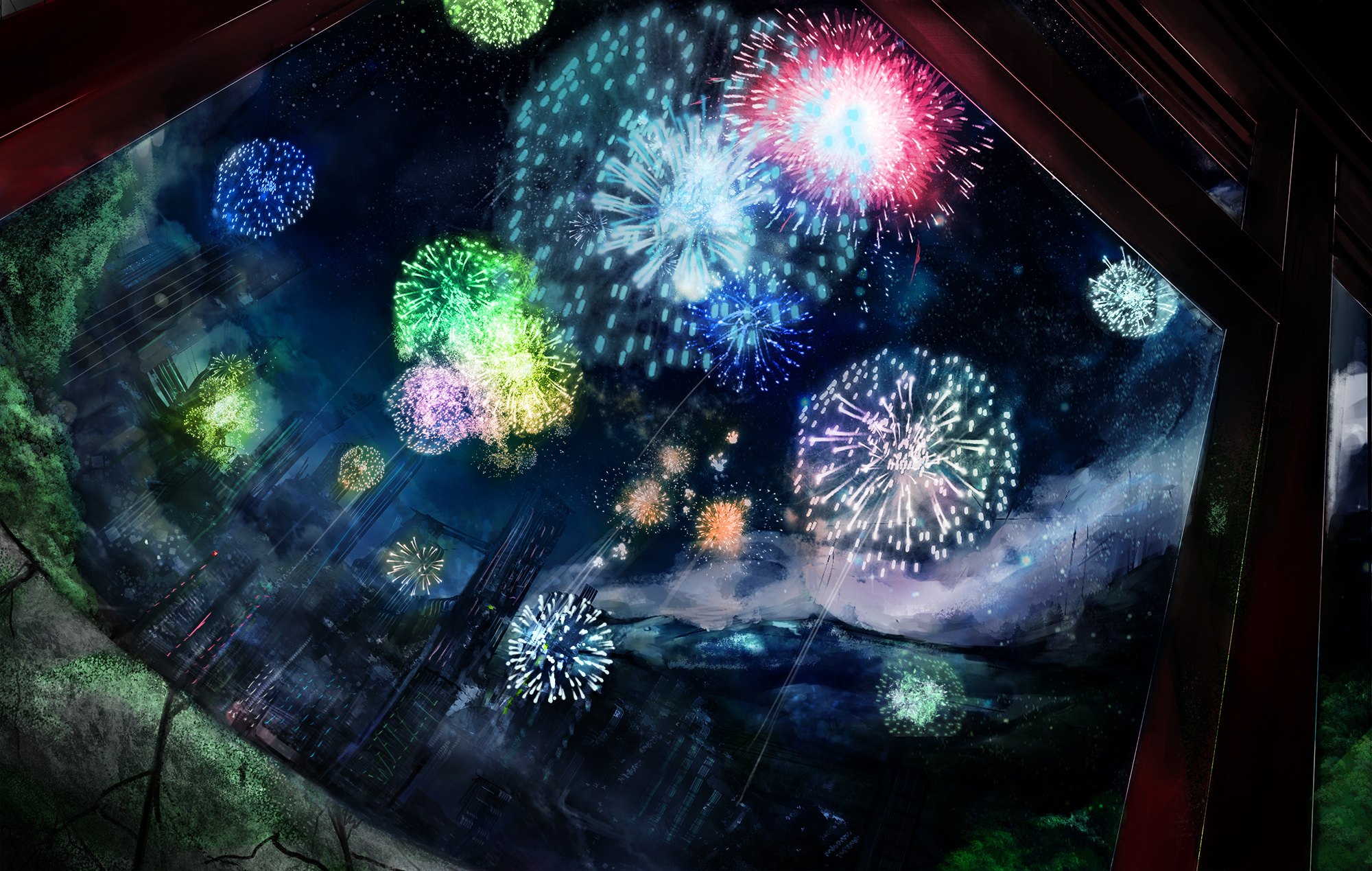 Captivating Anime Night: HD Wallpaper of Enchanting Fireworks by はなうた。
