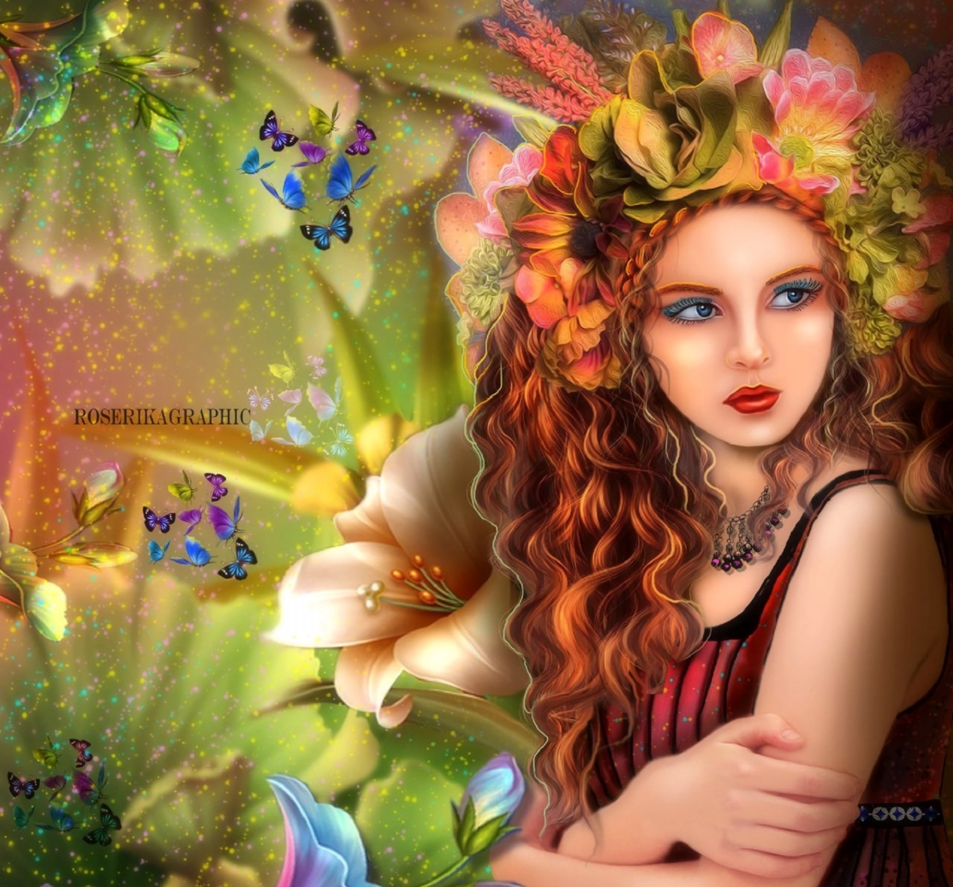 Download Blue Eyes Flower Butterfly Fantasy Woman Fantasy Girl HD ...