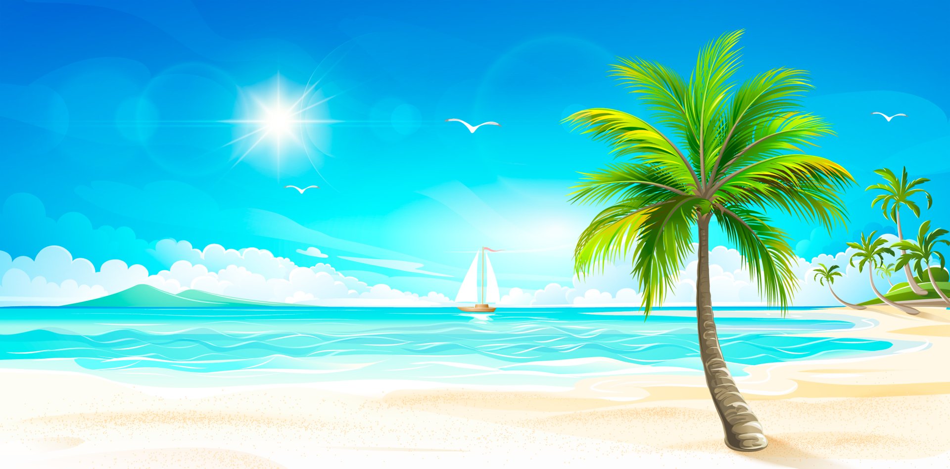 Download Sailboat Sun Palm Tree Ocean Tropical Artistic Beach HD ...