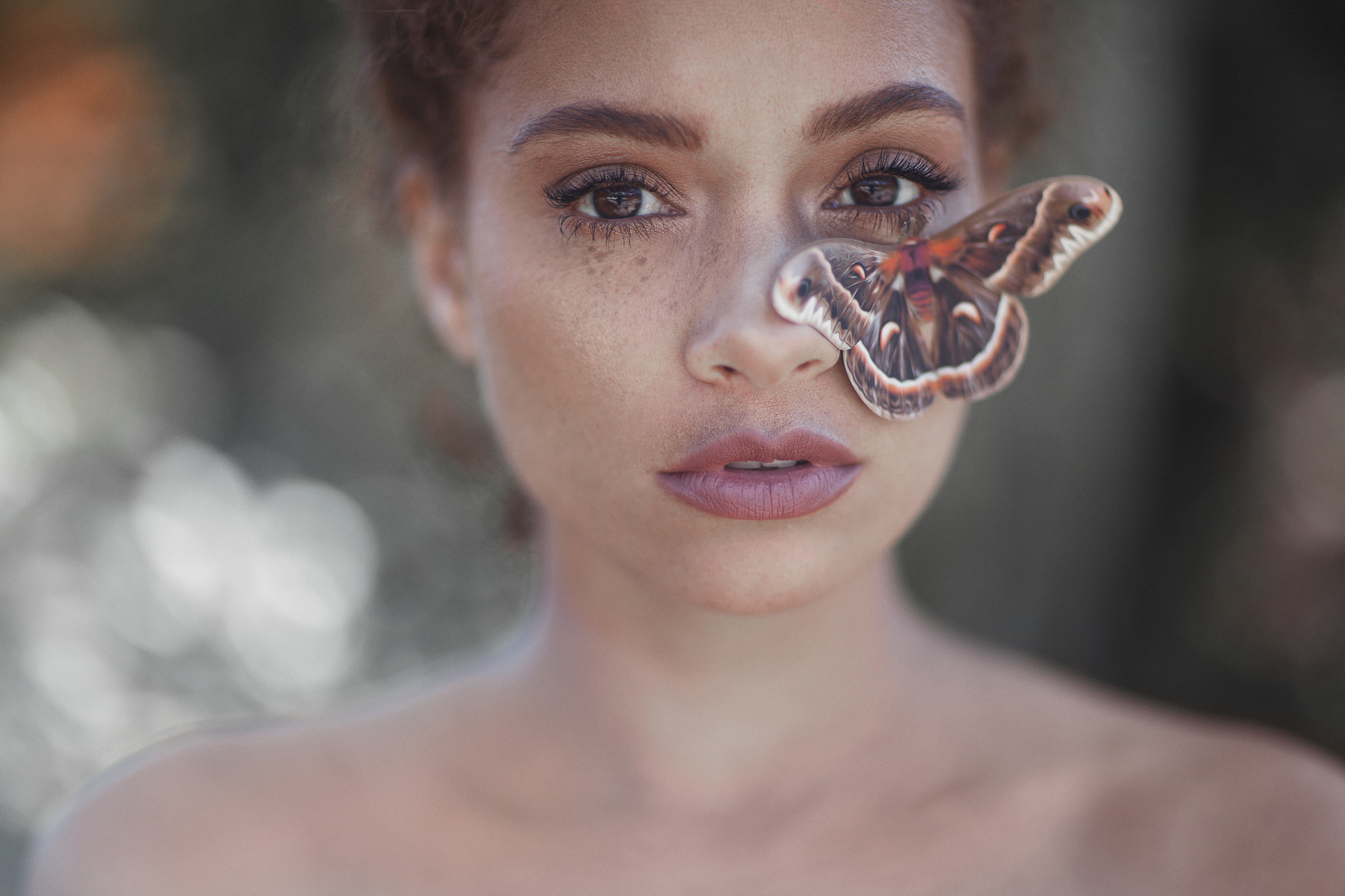 Download Brown Eyes Model Bokeh Freckles Butterfly Woman Face HD ...