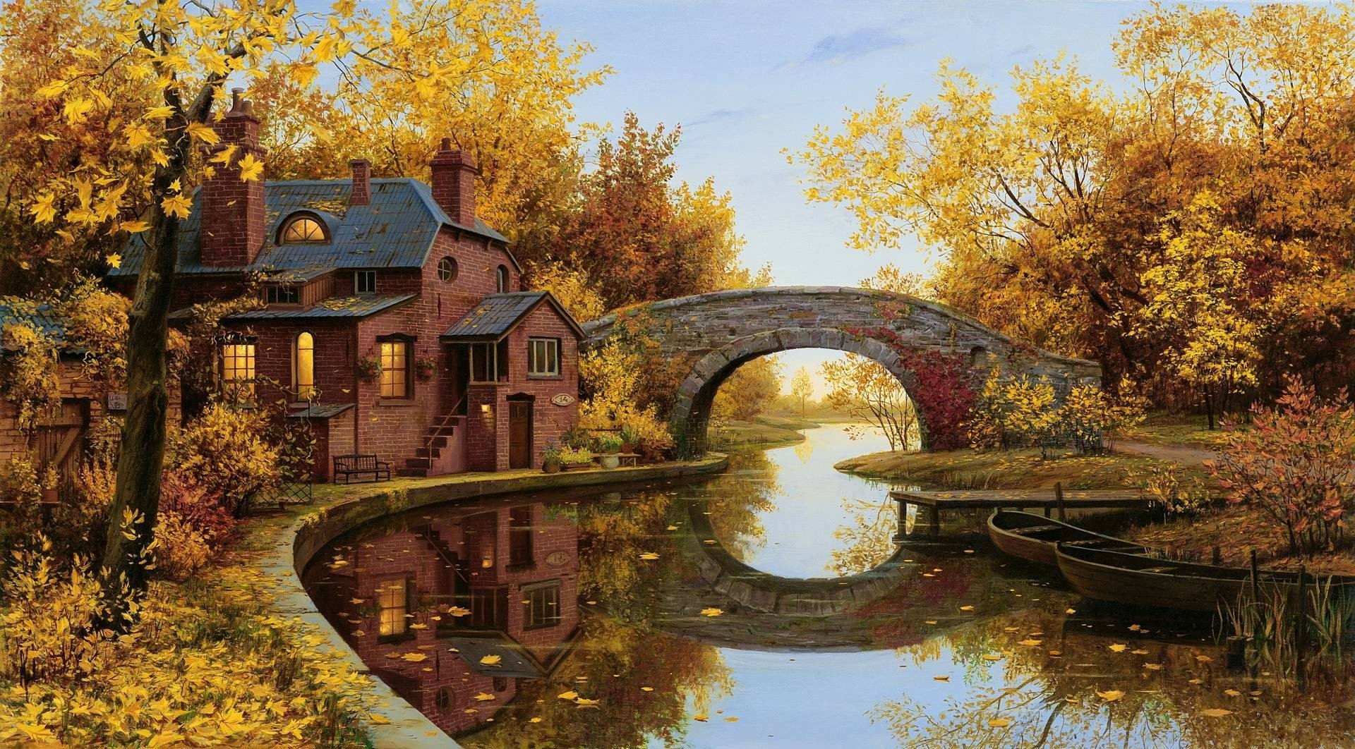 Autumn Serenity by the River: Boat, Bridge, and Cozy Home in HD