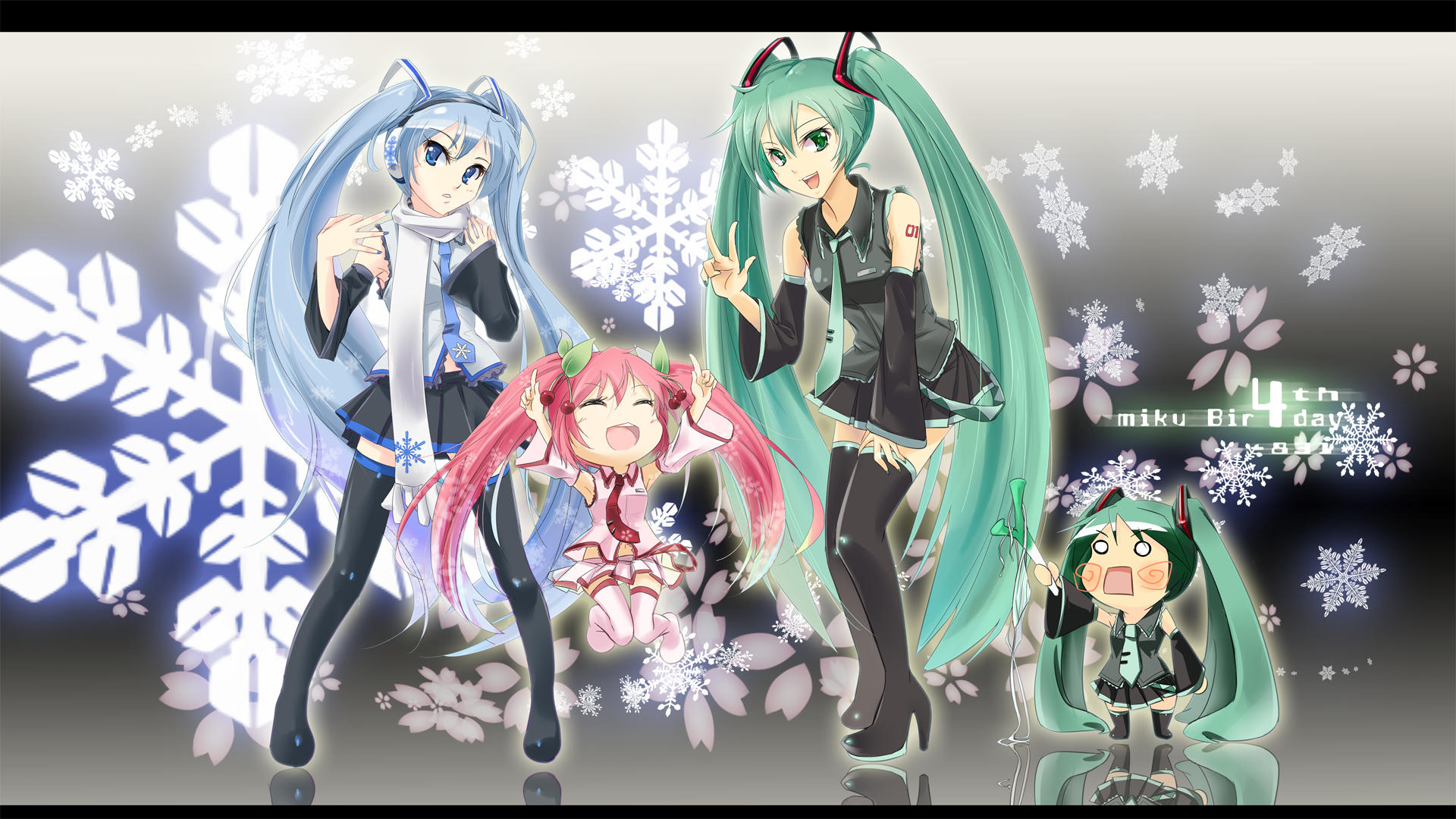 Vibrant Hatsune Miku Trio: Hachune, Sakura & Classic Vocaloid HD Wallpaper