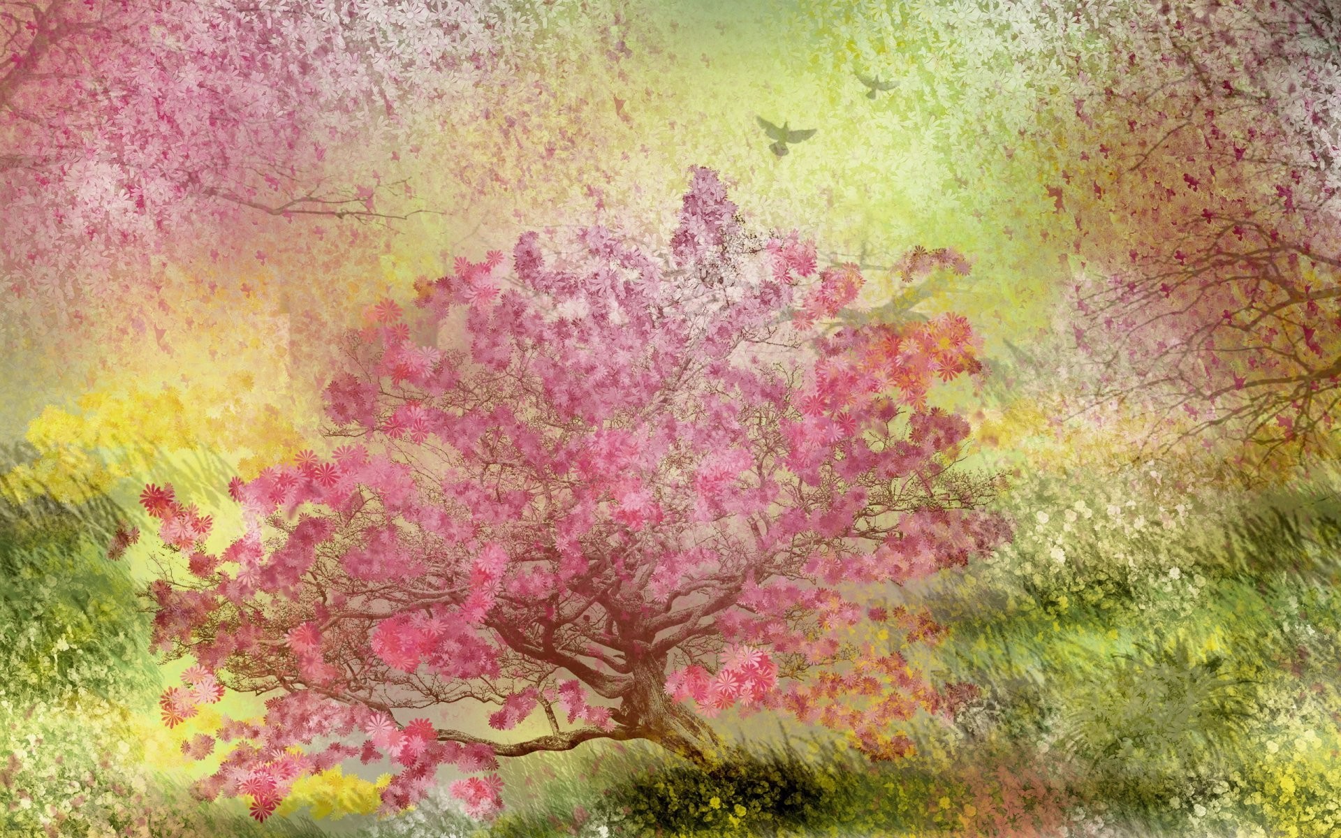 Download Spring Pink Tree Artistic Painting HD Wallpaper