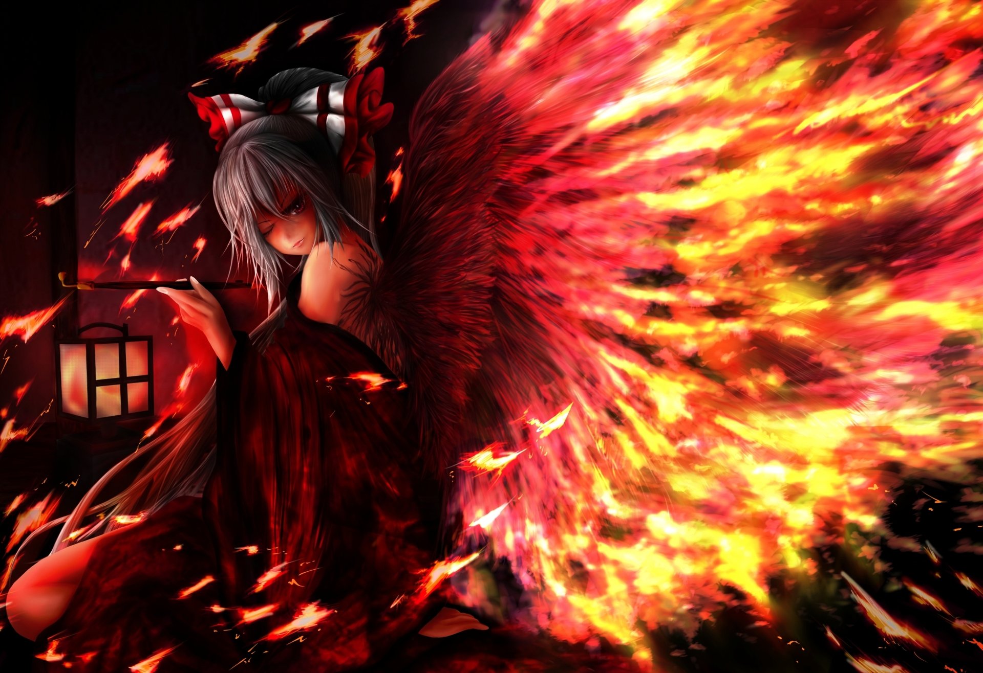 Fiery Elegance: Fujiwara no Mokou HD Anime Wallpaper from Touhou ...