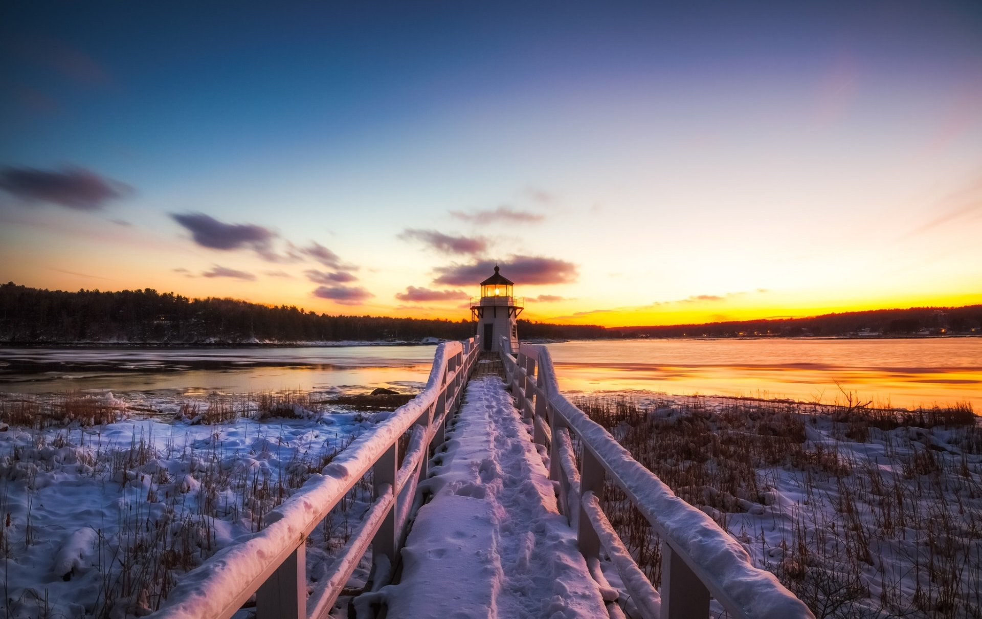Download Sunset Winter Path Man Made Lighthouse Winter Sunset HD Wallpaper