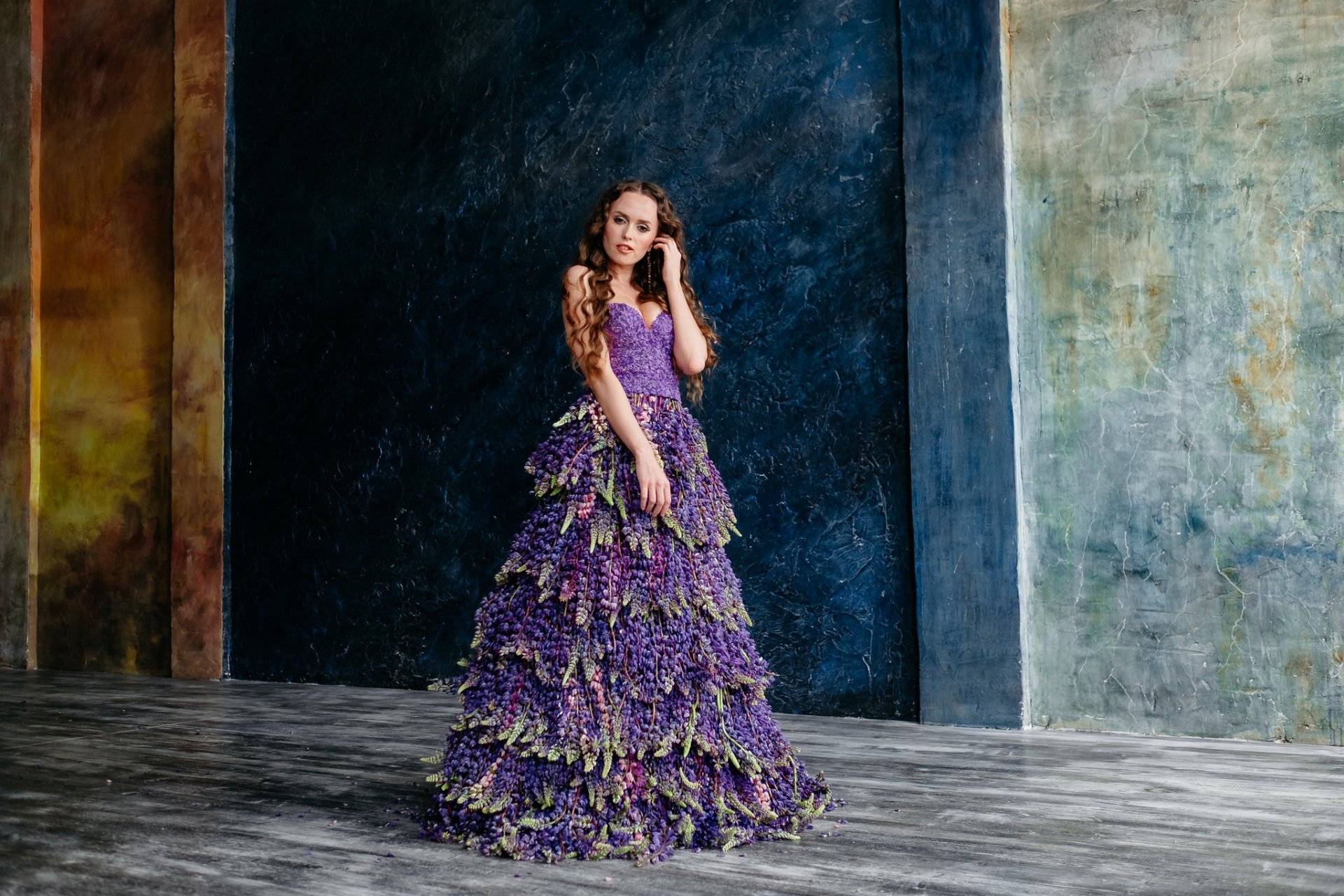 Download Brunette Purple Dress Flower Woman Model HD Wallpaper