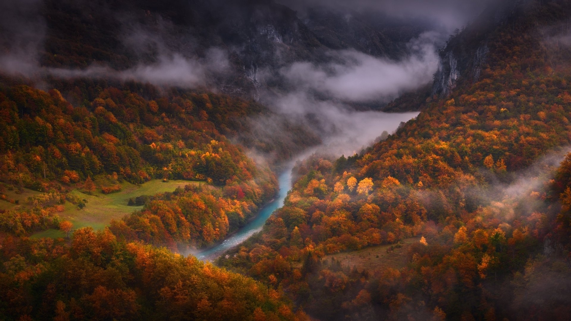 Mist-Kissed Autumn River Valley: Stunning Aerial Fall Landscape Wallpaper