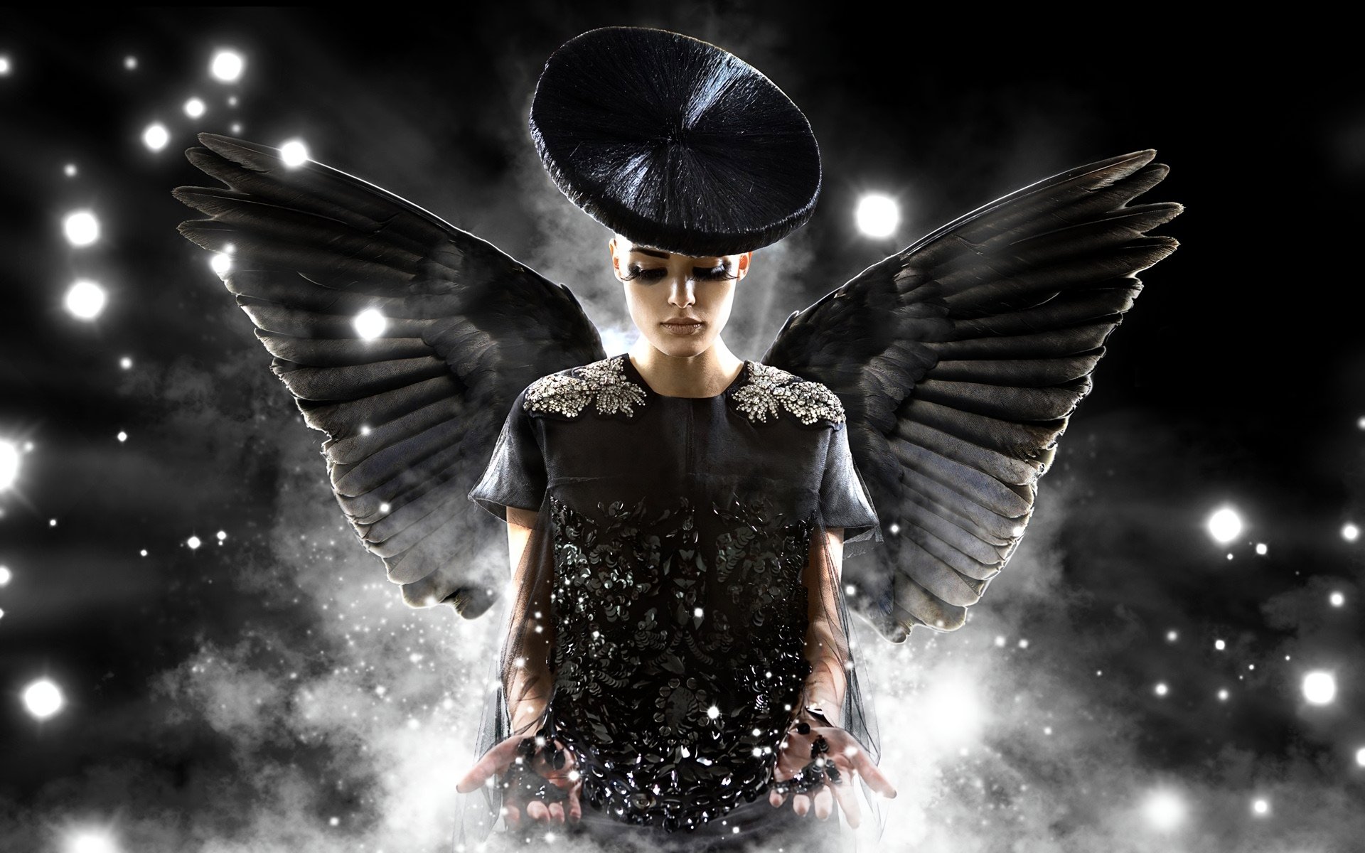 Dark Angel Elegance: Black Wings & Bold Hat HD Wallpaper