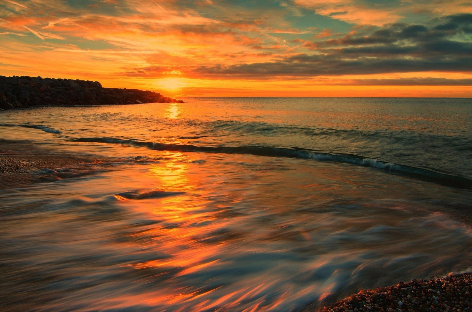 Download Horizon Sea Ocean Yellow Orange (Color) Sky Nature Sunset HD ...