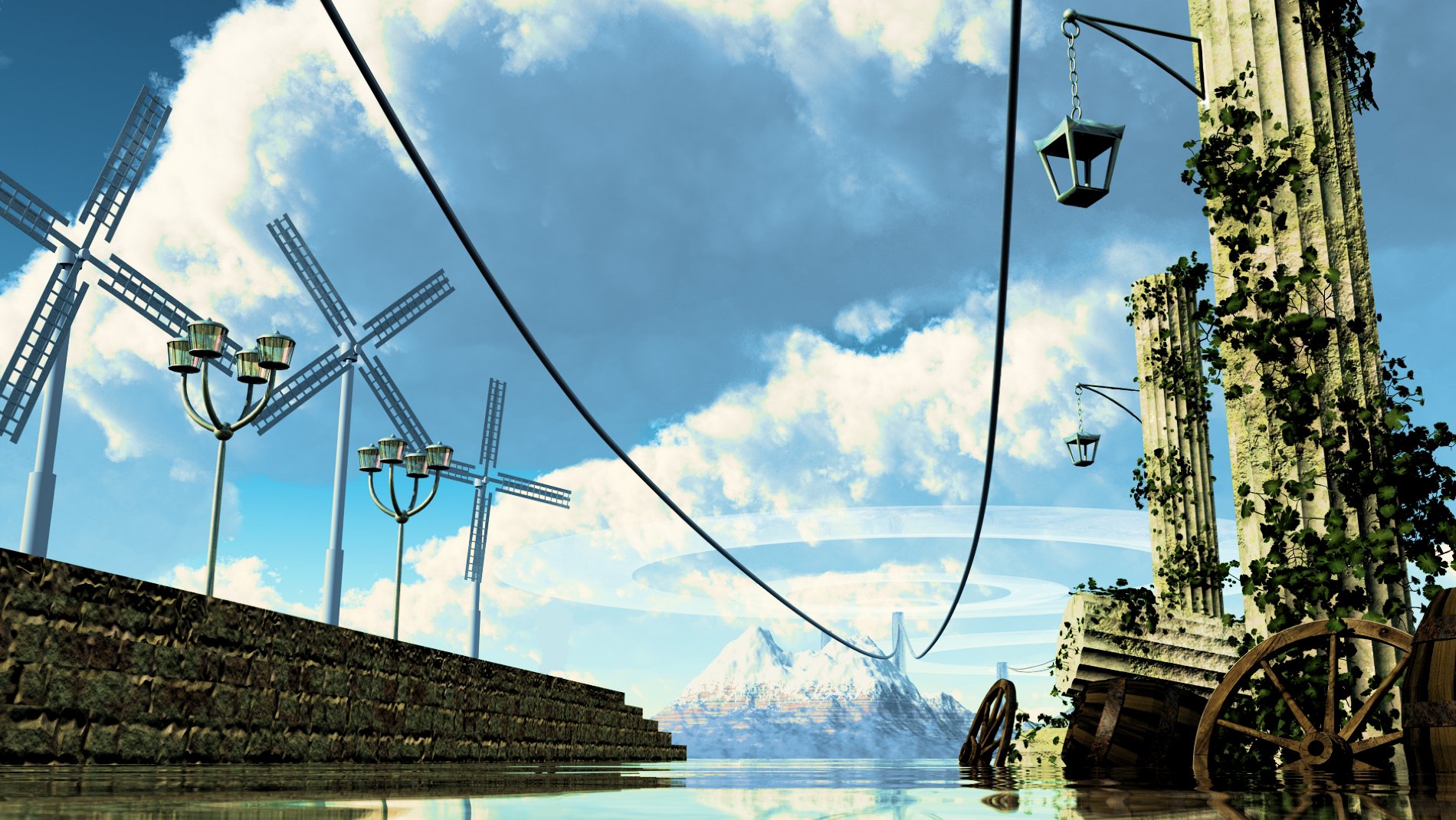 Download CGI 3D Mountain Water Columns Blue Cloud Sky Windmill Anime ...
