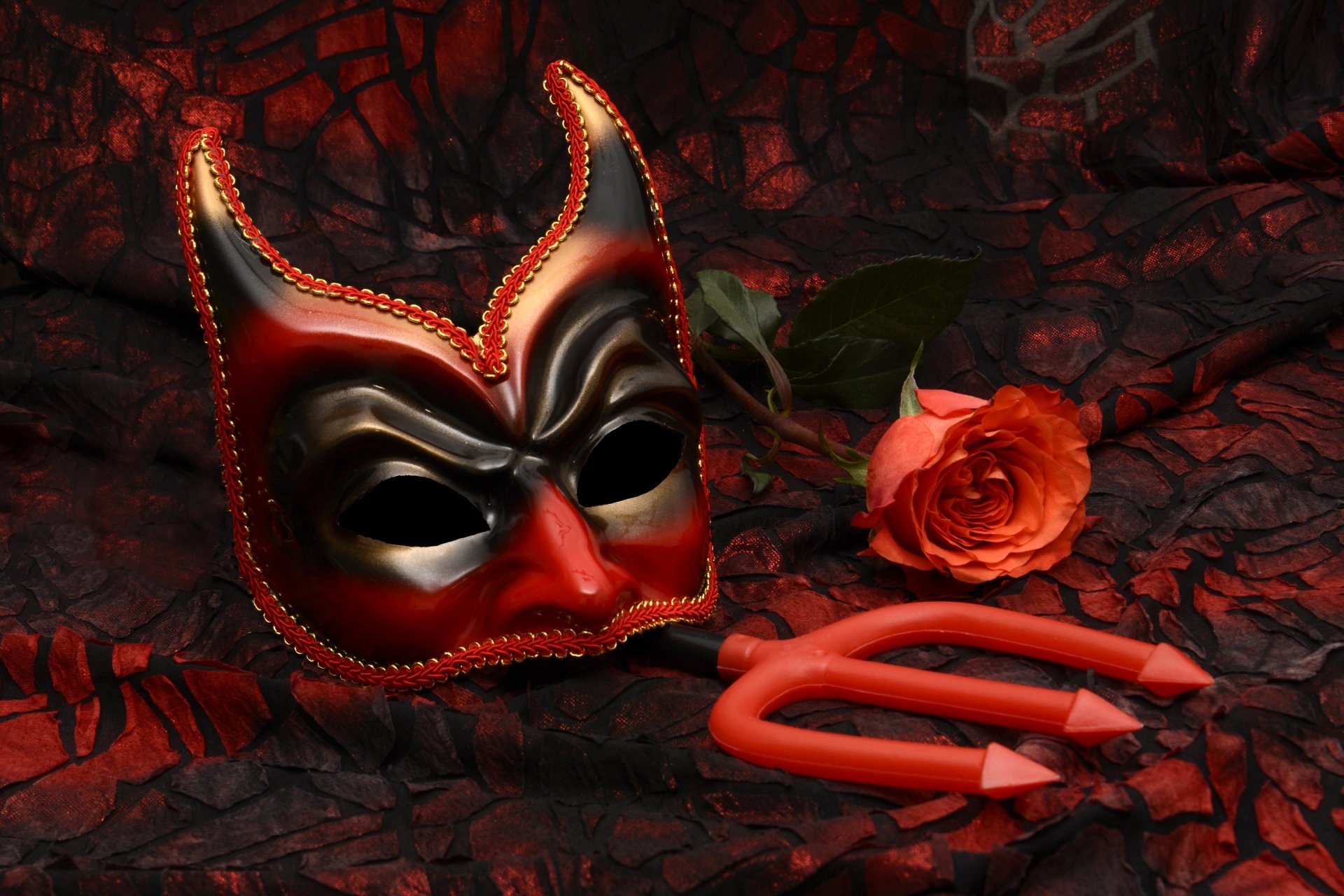 Download Red Still Life Flower Rose Pitchfork Photography Mask HD Wallpaper