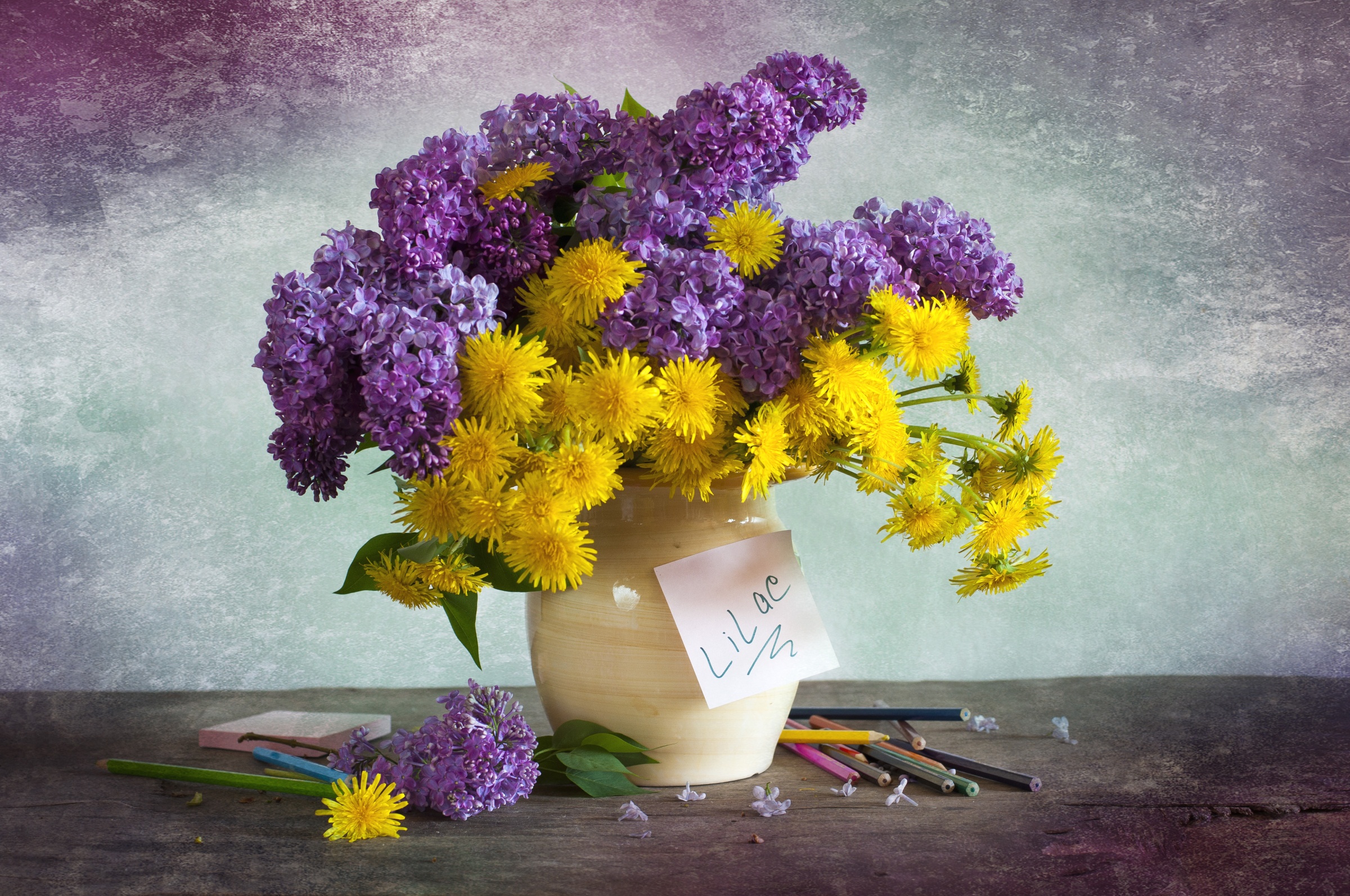 Vibrant Dandelions and Lilacs: An Exquisite HD Wallpaper