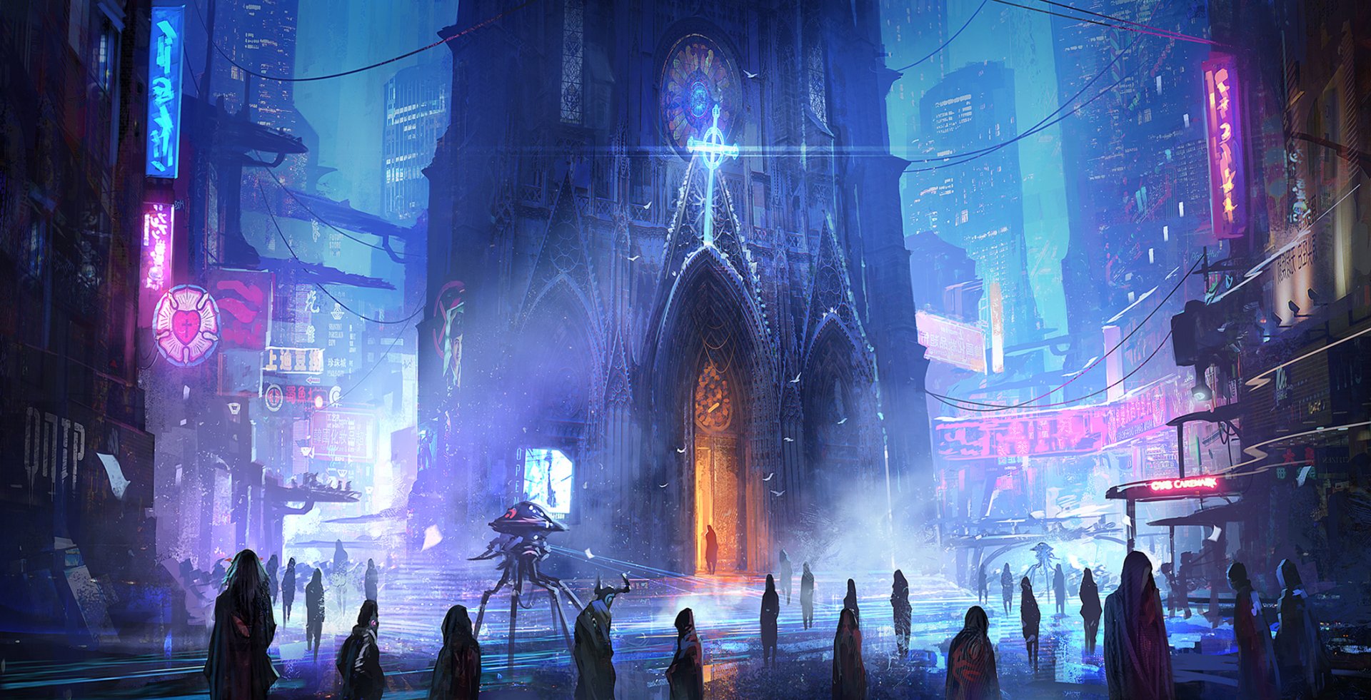 Futuristic Cyberpunk Cathedral - HD Wallpaper by Wadim Kashin