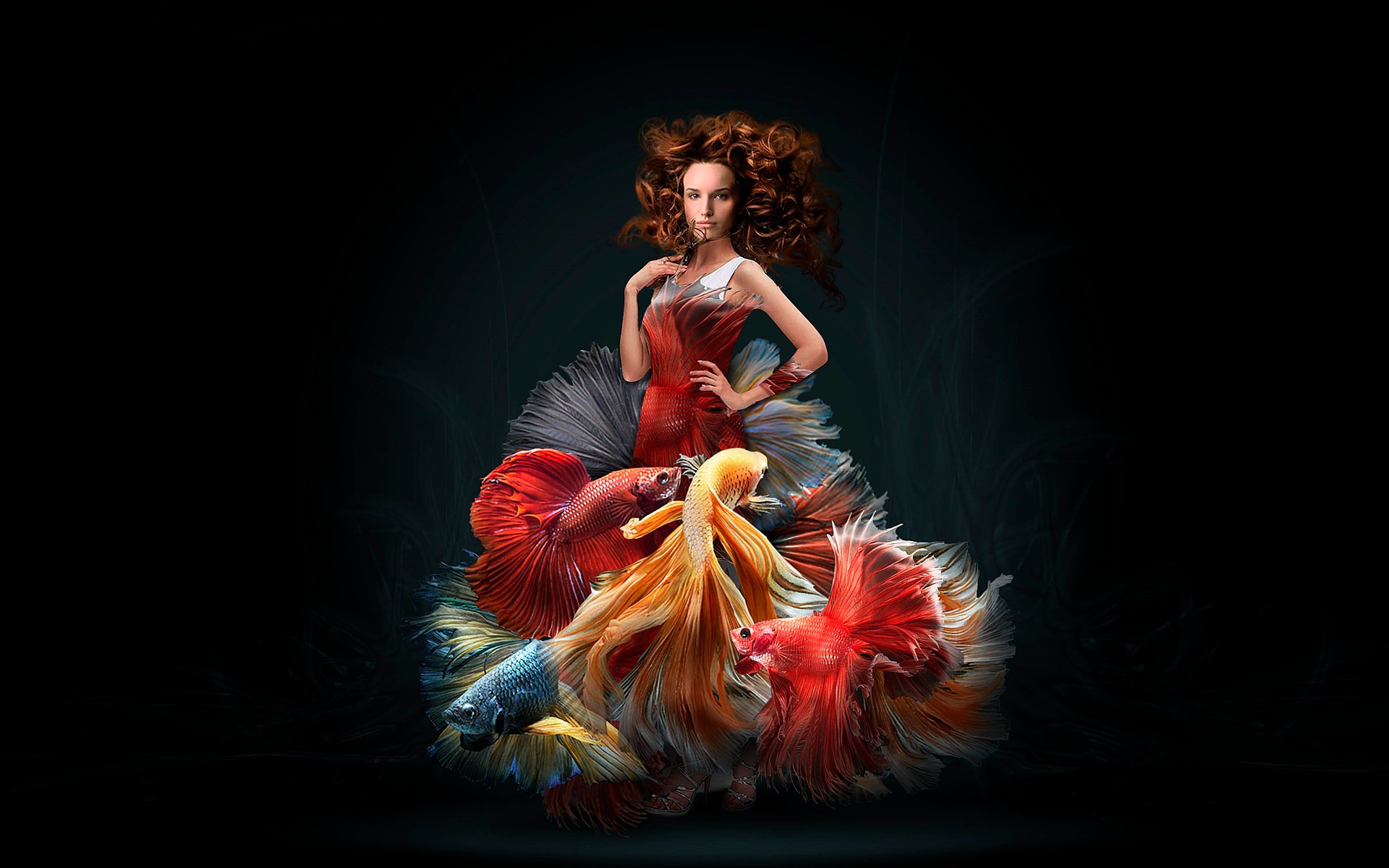 Vibrant Elegance: Artistic Woman in Colorful Fish-Inspired Dress – HD ...