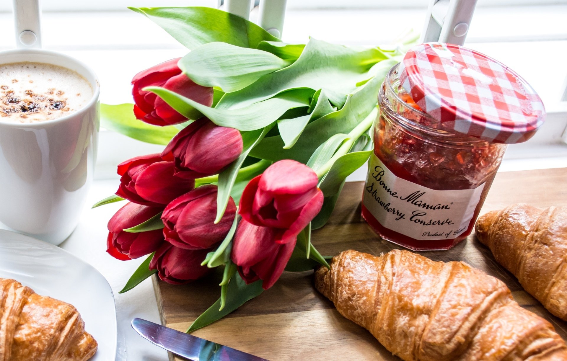 Morning Bliss: Red Tulips, Fresh Croissants, and Sweet Jam Breakfast ...